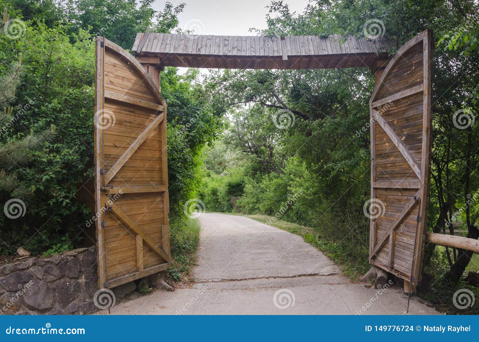 Open wooden gate in park stock photo. Image of park - 149776724