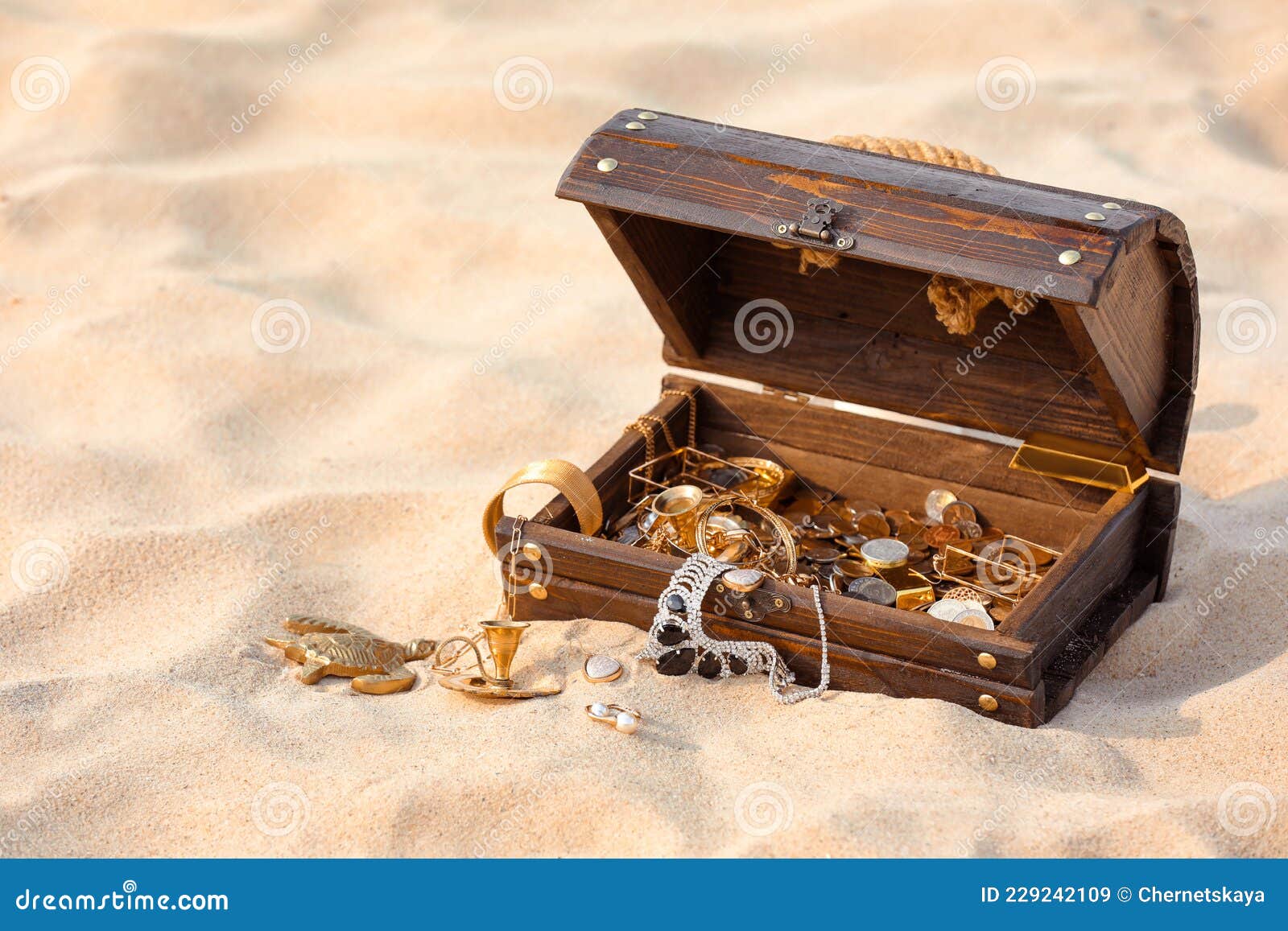 Open Wooden Treasure Chest on Sand, Space for Text Stock Image - Image ...