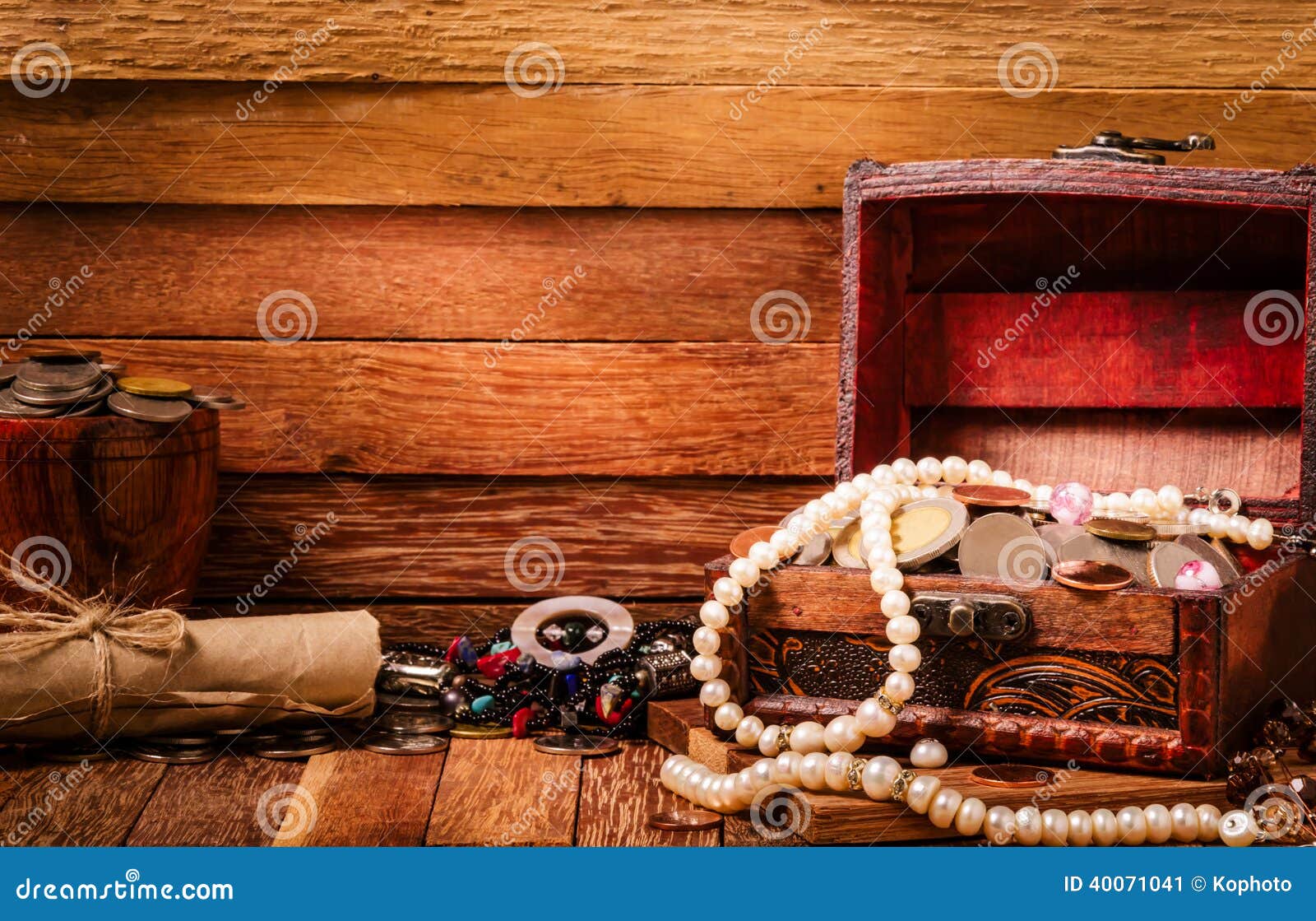 Open Wooden Treasure Chest with Valuables Stock Image - Image of ...