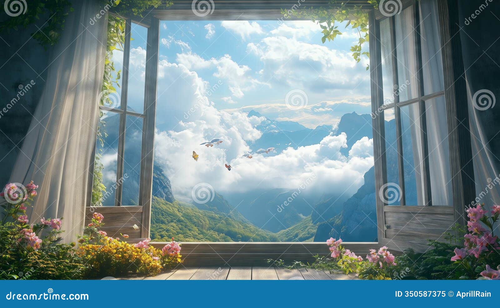 Open Window View of Mountains, Clouds, and Butterflies Stock Image ...