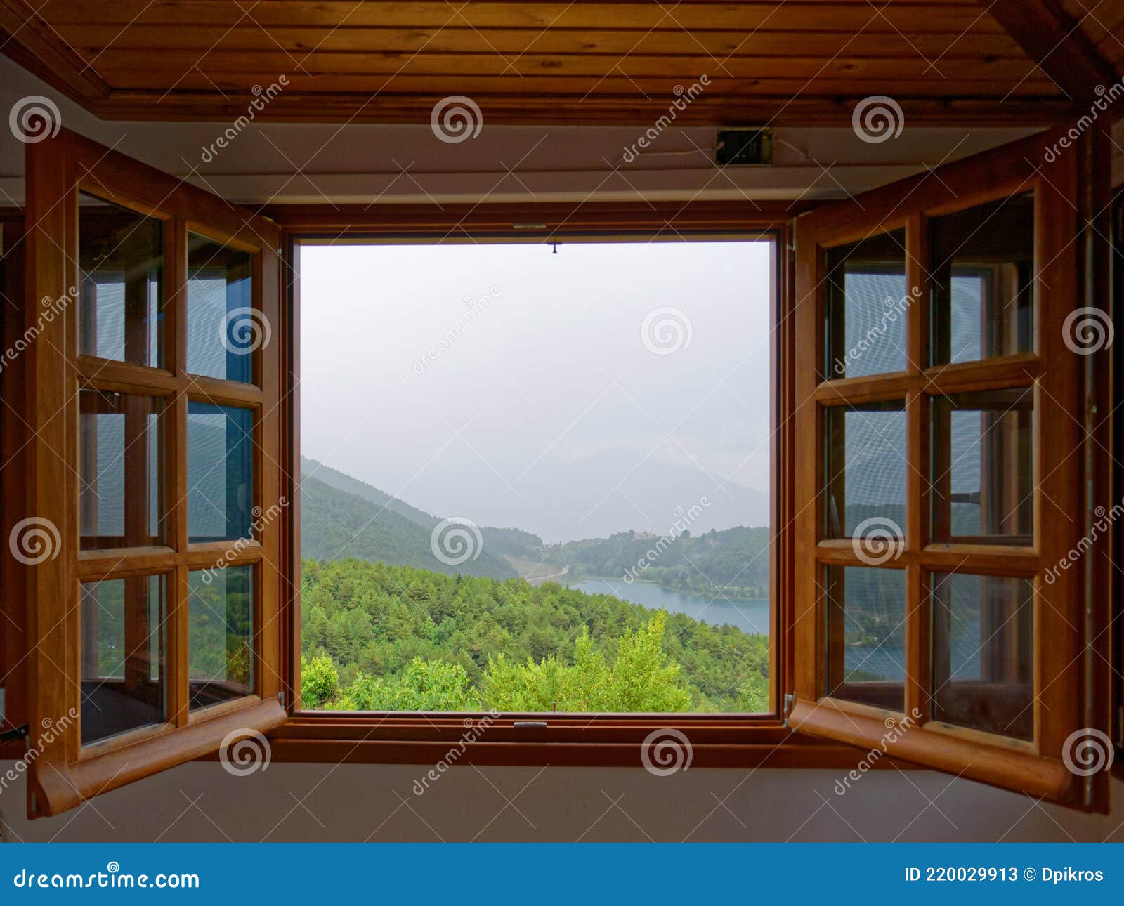 Open Wooden Window Frame with View To a Mountain Lake and Forest Stock ...
