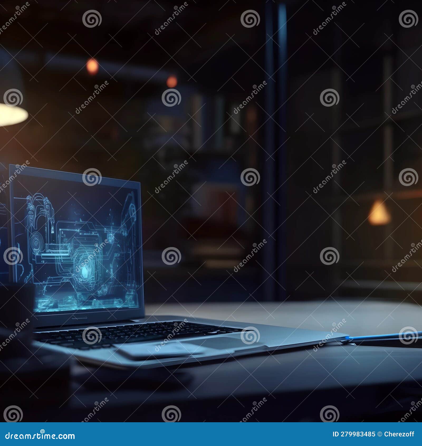 An Open Working Laptop Stands on a Table Stock Illustration ...