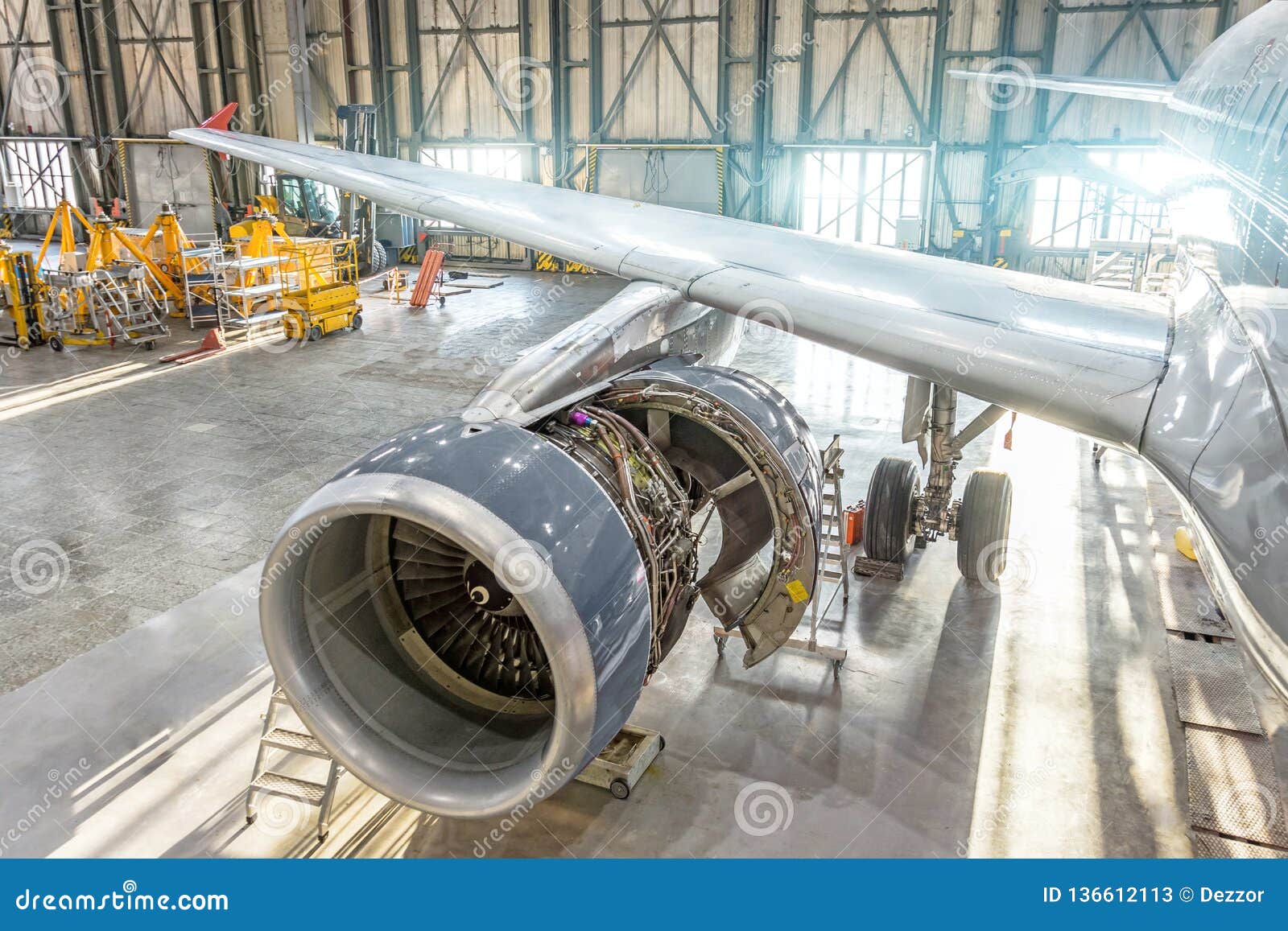 Opened Aircraft Engine in the Hangar, Maintenance. Wing View Stock ...
