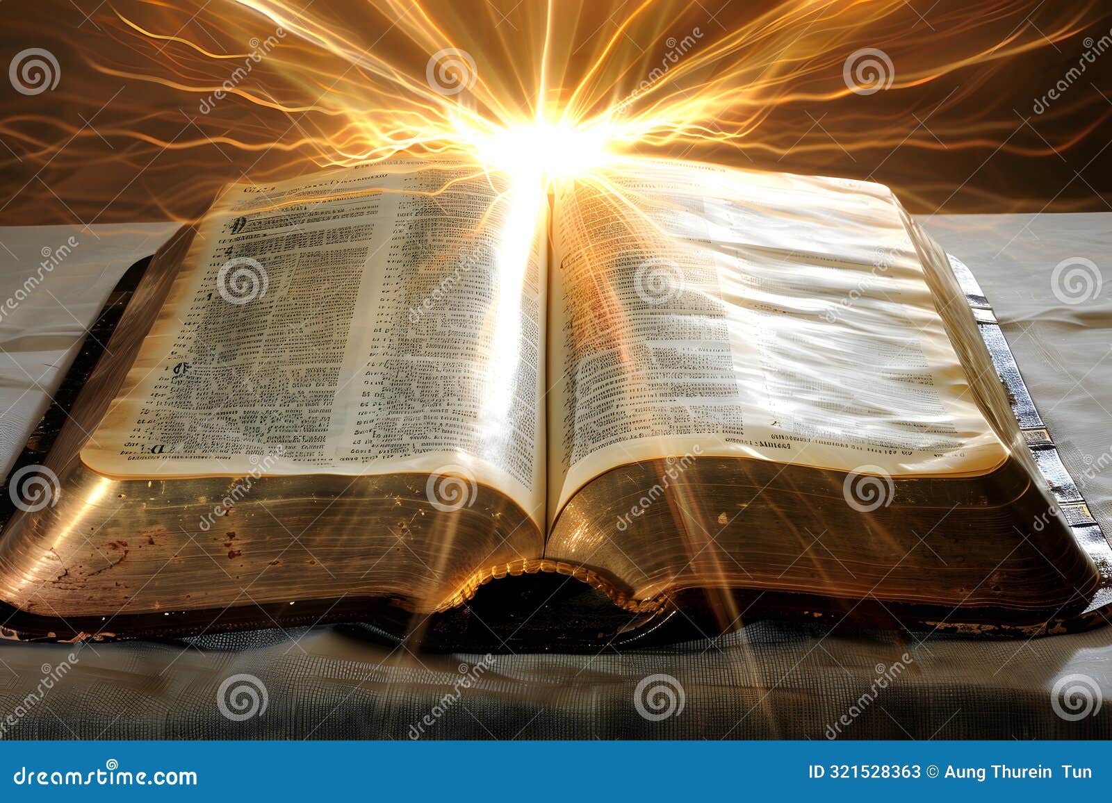 An Opened Bible Book Emitting Lights Stock Image - Image of rosary ...