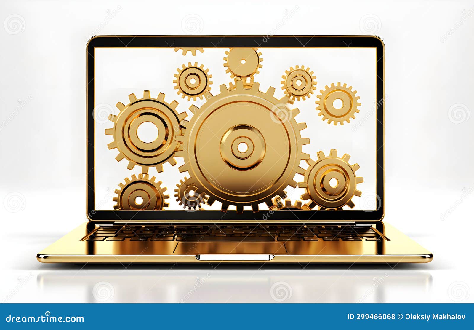 Opened Blank Laptop with Intersecting Golden Gears Over Screen and on ...