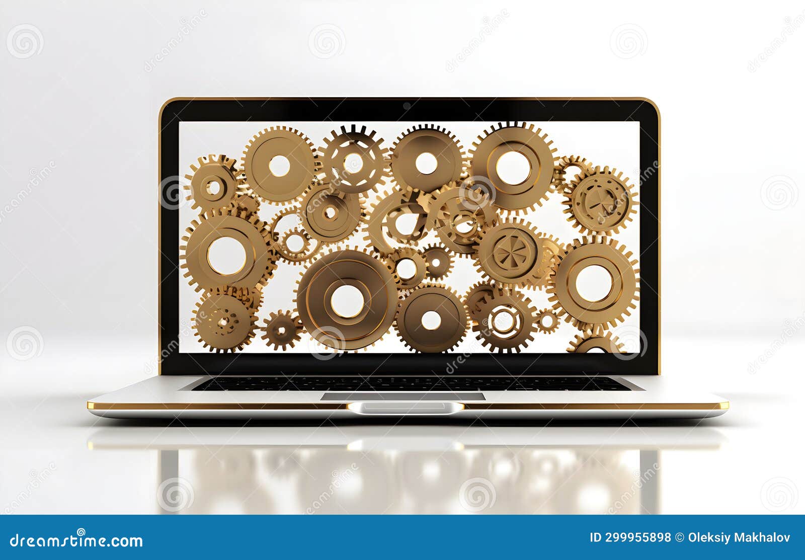 Opened Blank Laptop with Intersecting Golden Gears Over Screen and on ...