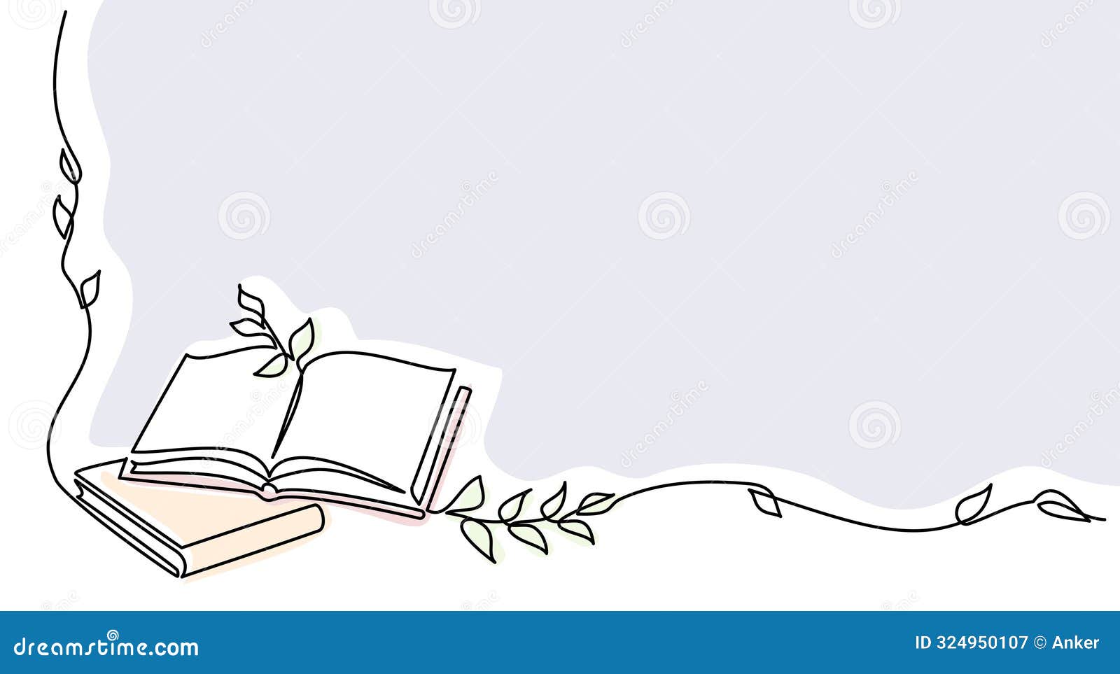 Opened Book With Branch Of Leaves Corner Frame. Continuous One Line ...