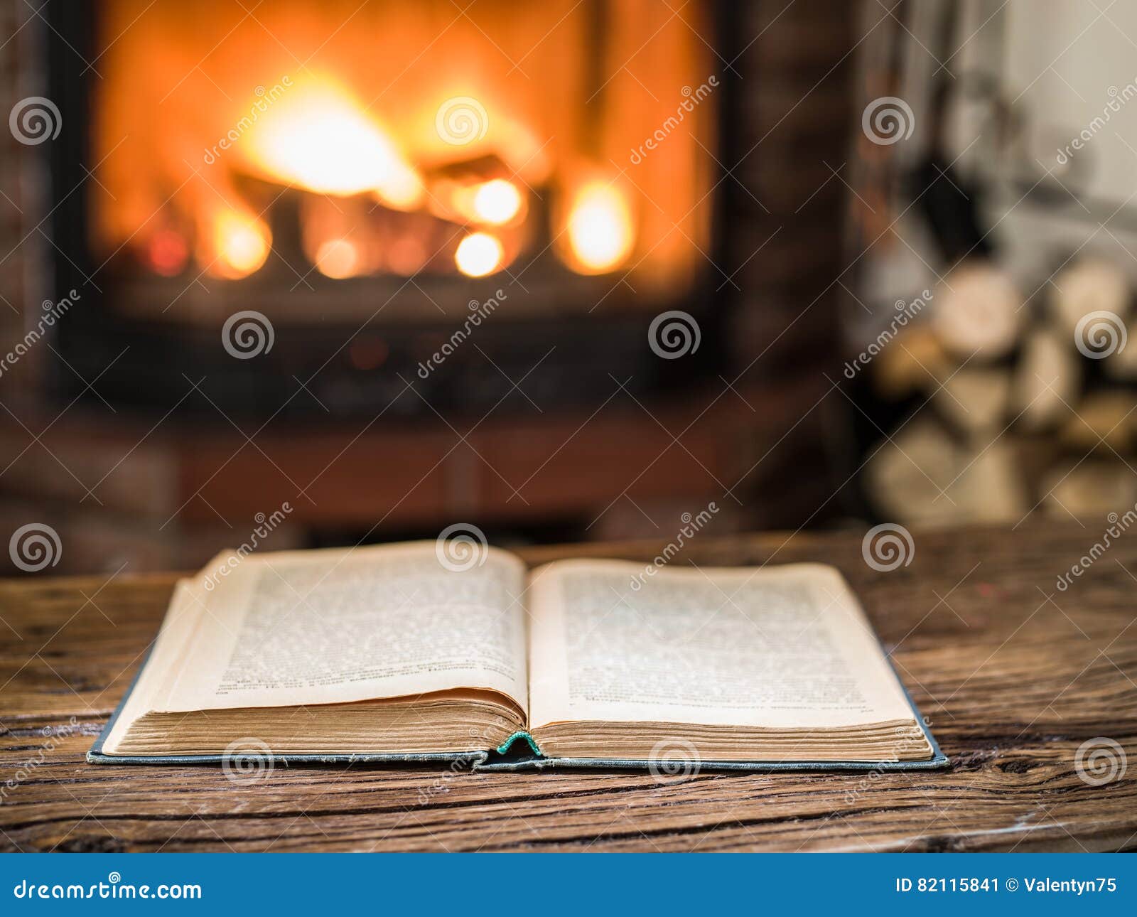 Opened Book And Fireplace With Warm Fire On The Stock Image - Image of ...