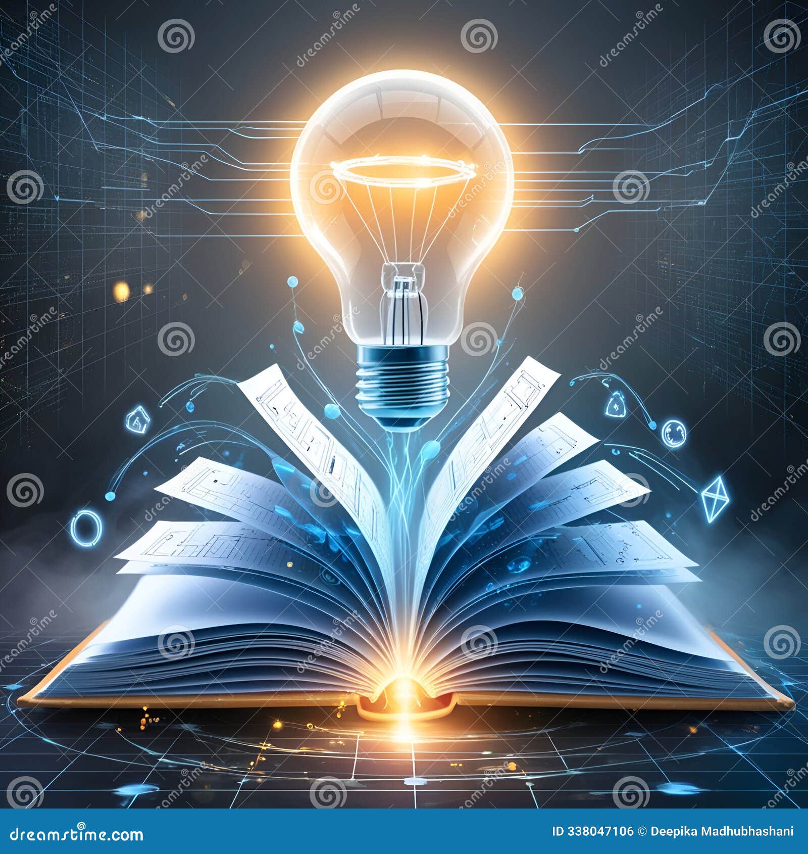 Opened Book with Light Bulb Digital Art Symbolizing Ideas, Innovation ...