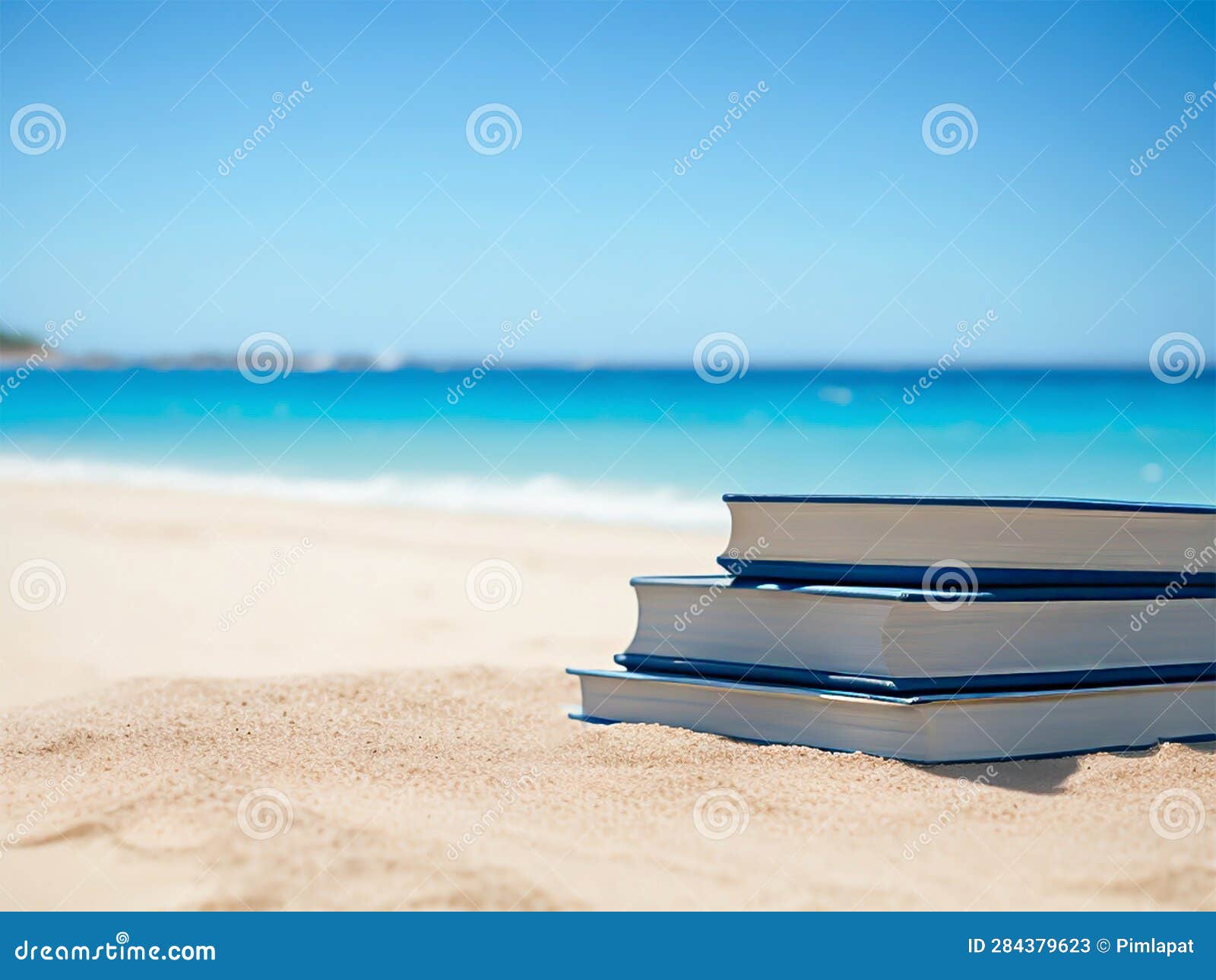 Opened Book on Sand Beach Over Blue Sea Background. Stock Illustration ...