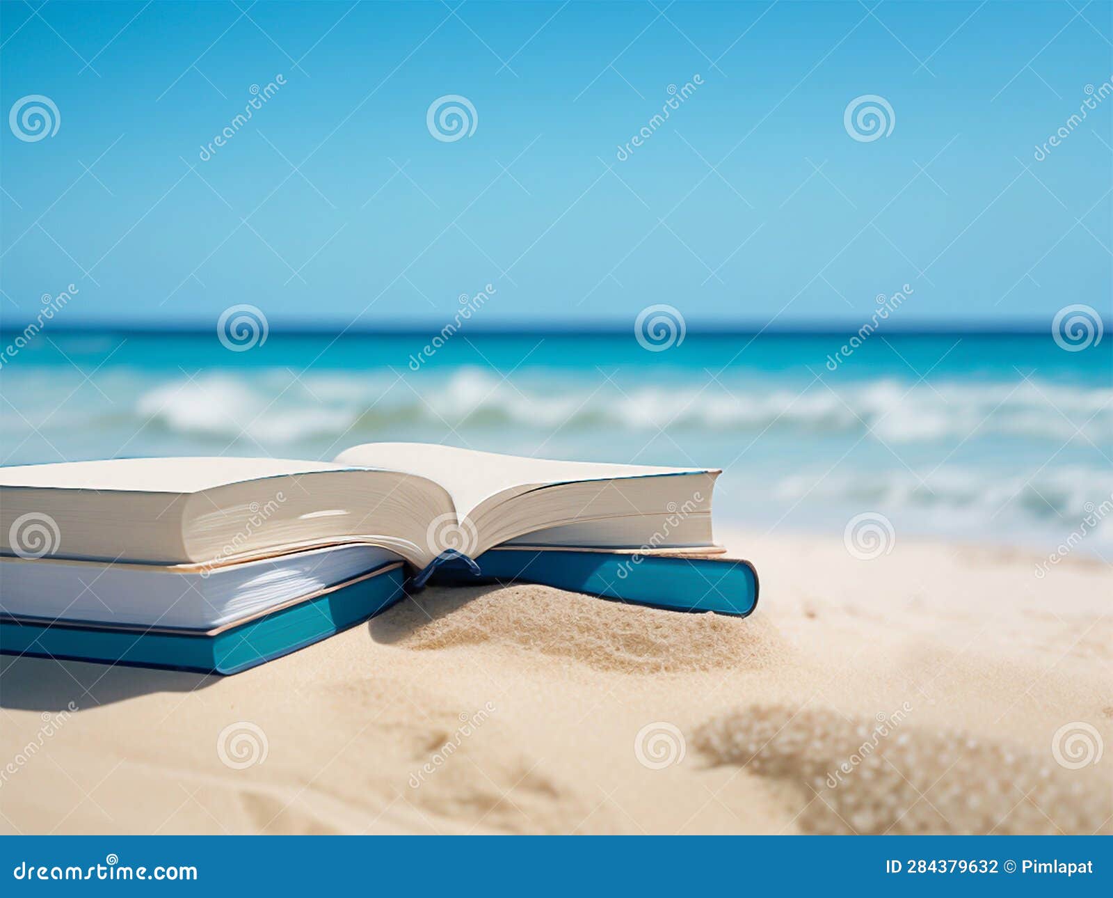 Opened Book on Sand Beach Over Blue Sea Background. Stock Illustration ...