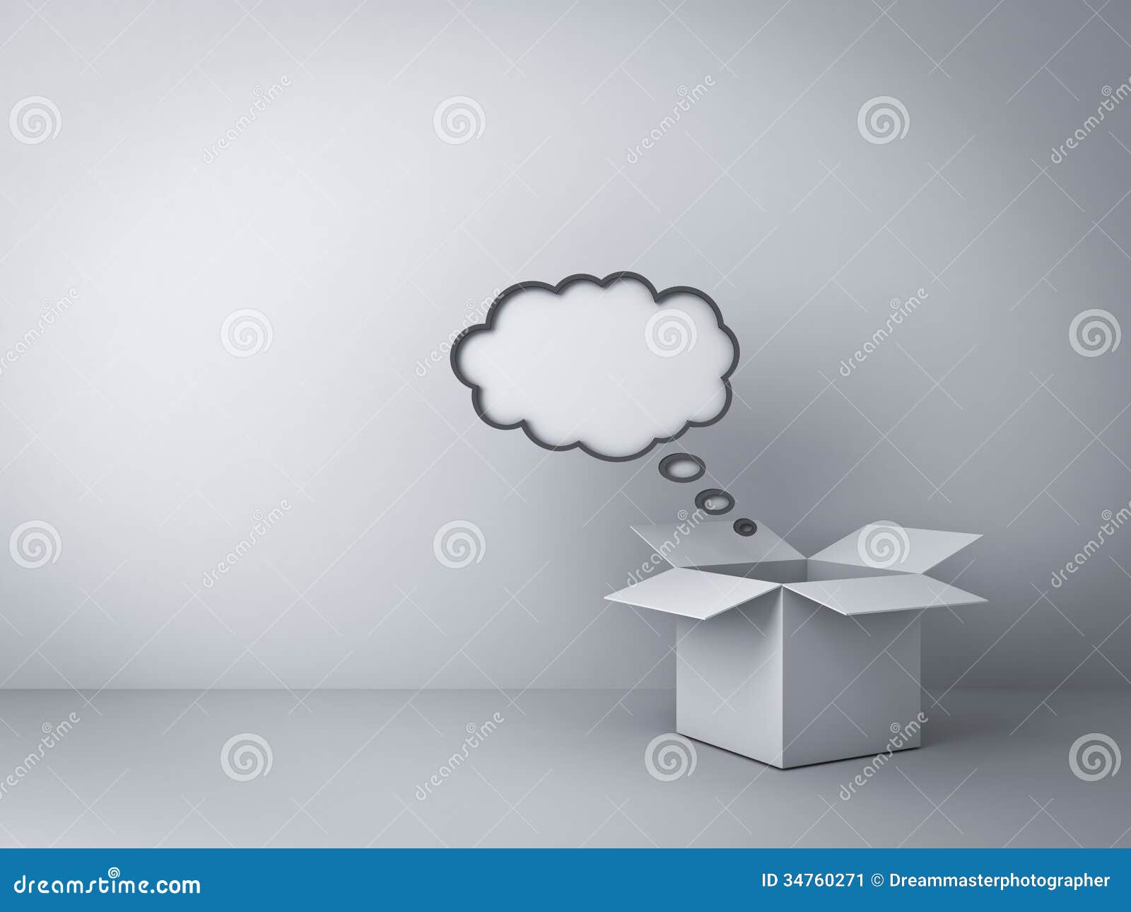 Opened Box with Blank Thought Bubble Over Empty White Wall Background ...