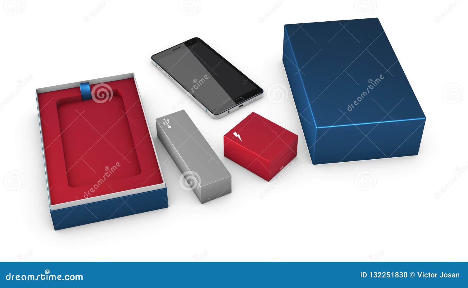 Opened Box Package with Mobile Phone Isolated on White Background, 3d ...