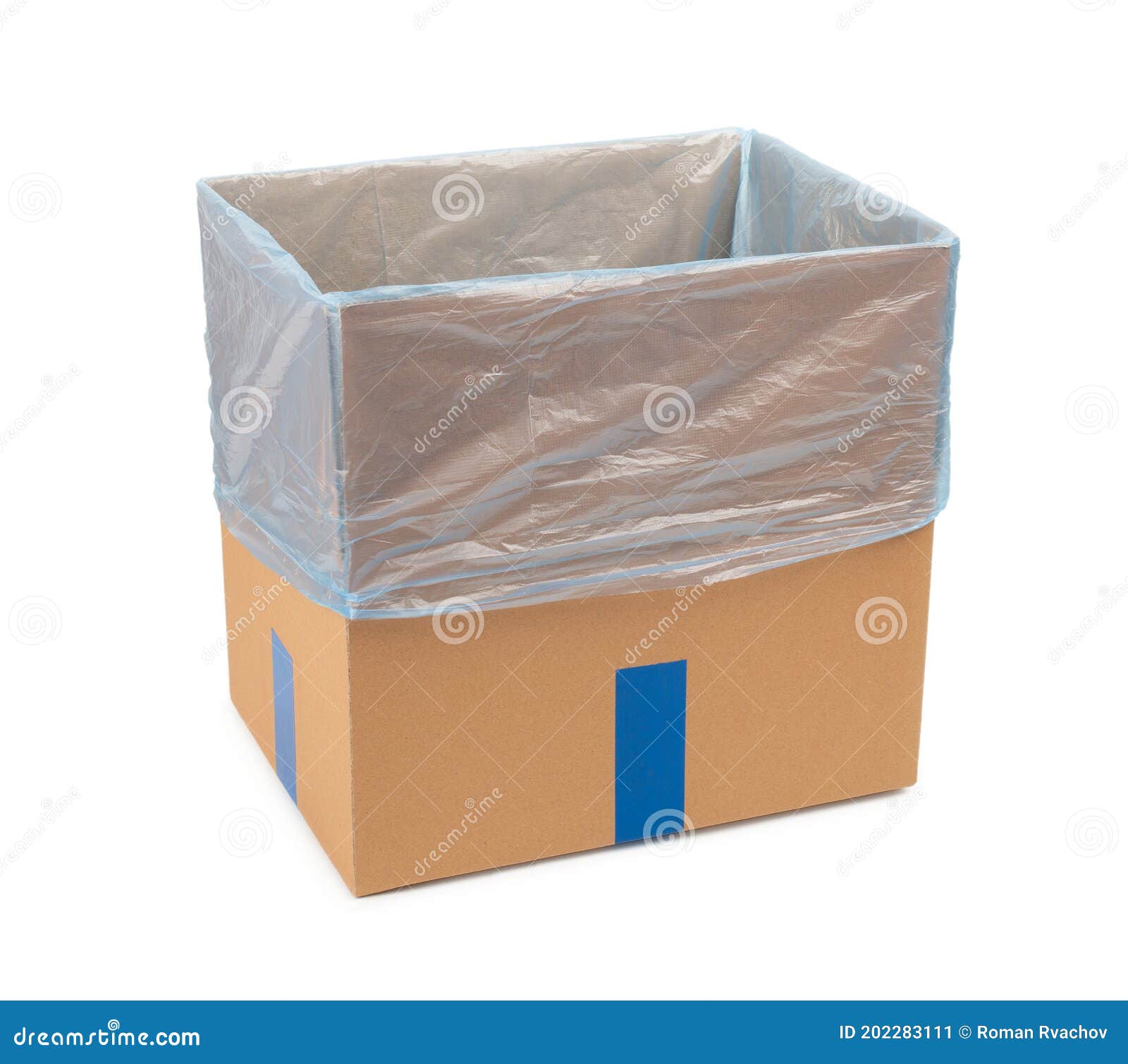 Opened Cardboard Box with a Plastic Bag Inside. Isolated on White ...