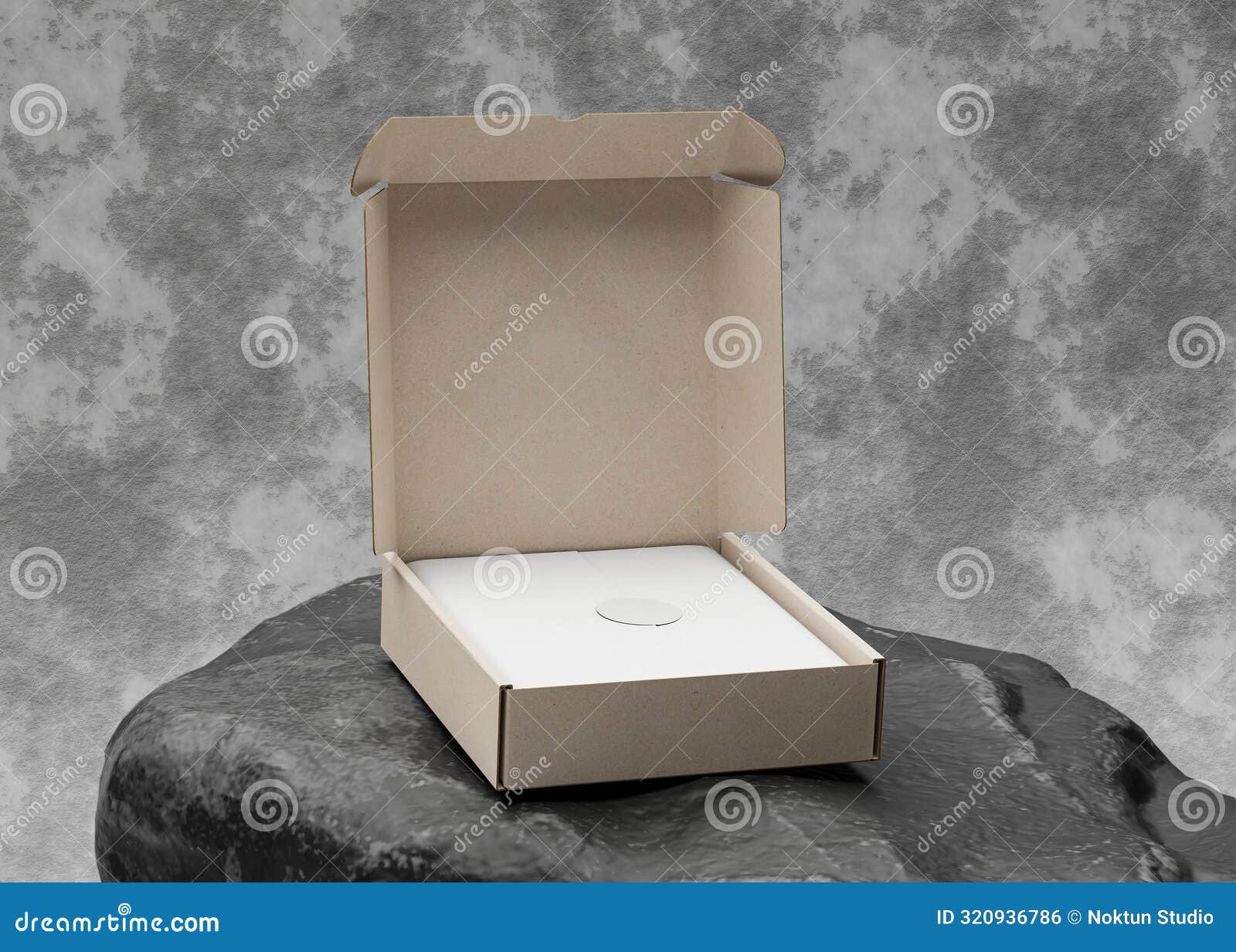 Opened Cardboard Box on Top of Black Rock with Texture Use for Mockup ...