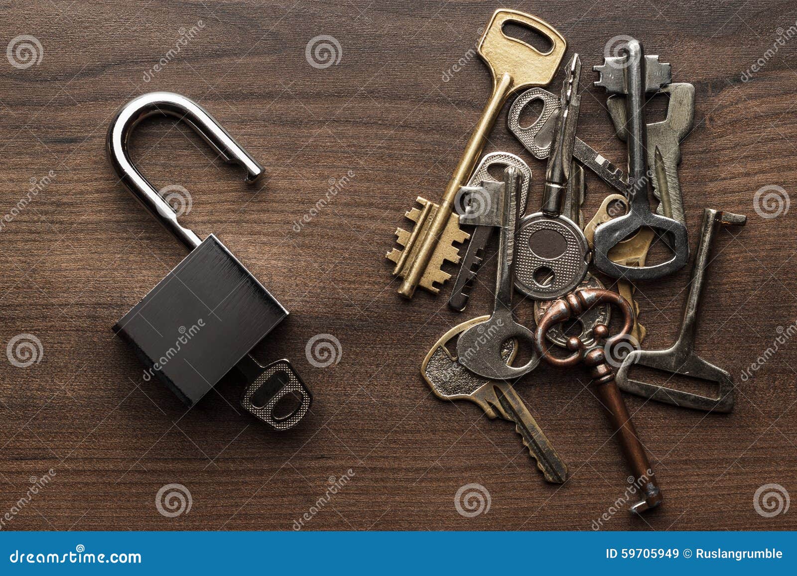 Opened Check-lock and Different Keys Concept Stock Image - Image of ...
