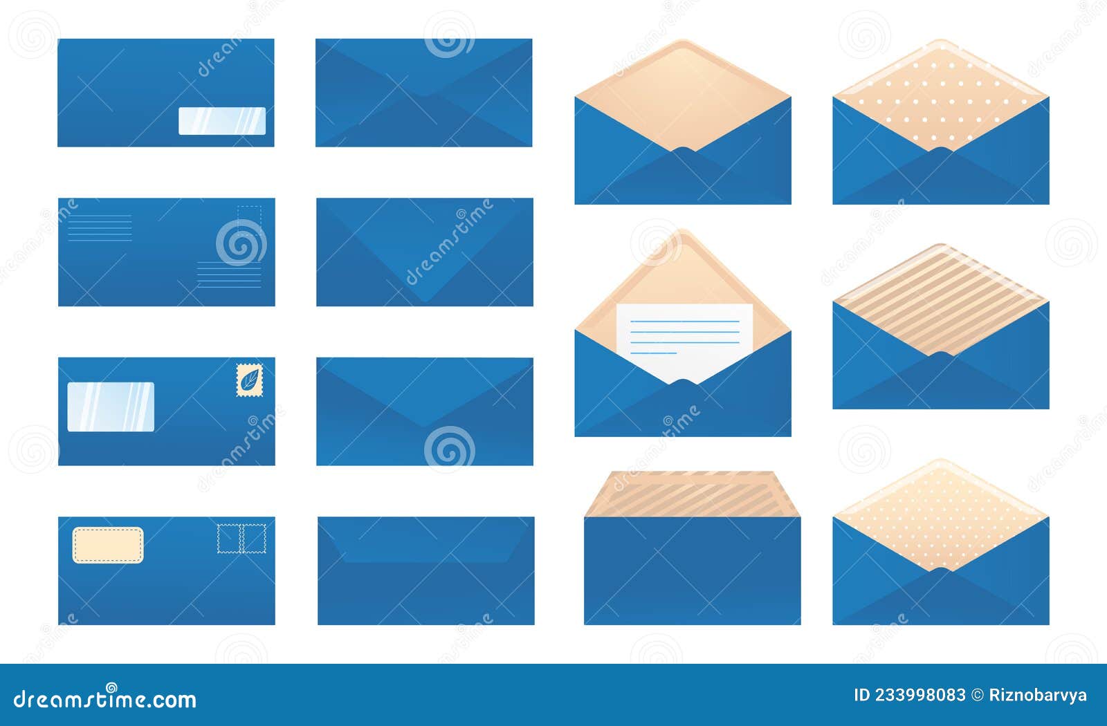 Opened and Closed Blue Post Envelopes, Front and Back View Stock Vector ...
