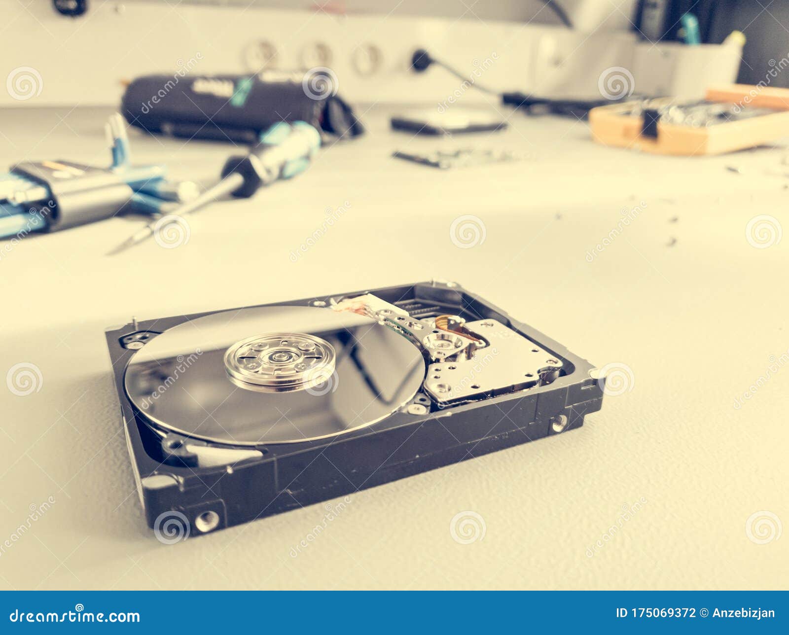 Opened Computer Hard Drive on a Table Prepared To Be Fixed. Stock Photo ...