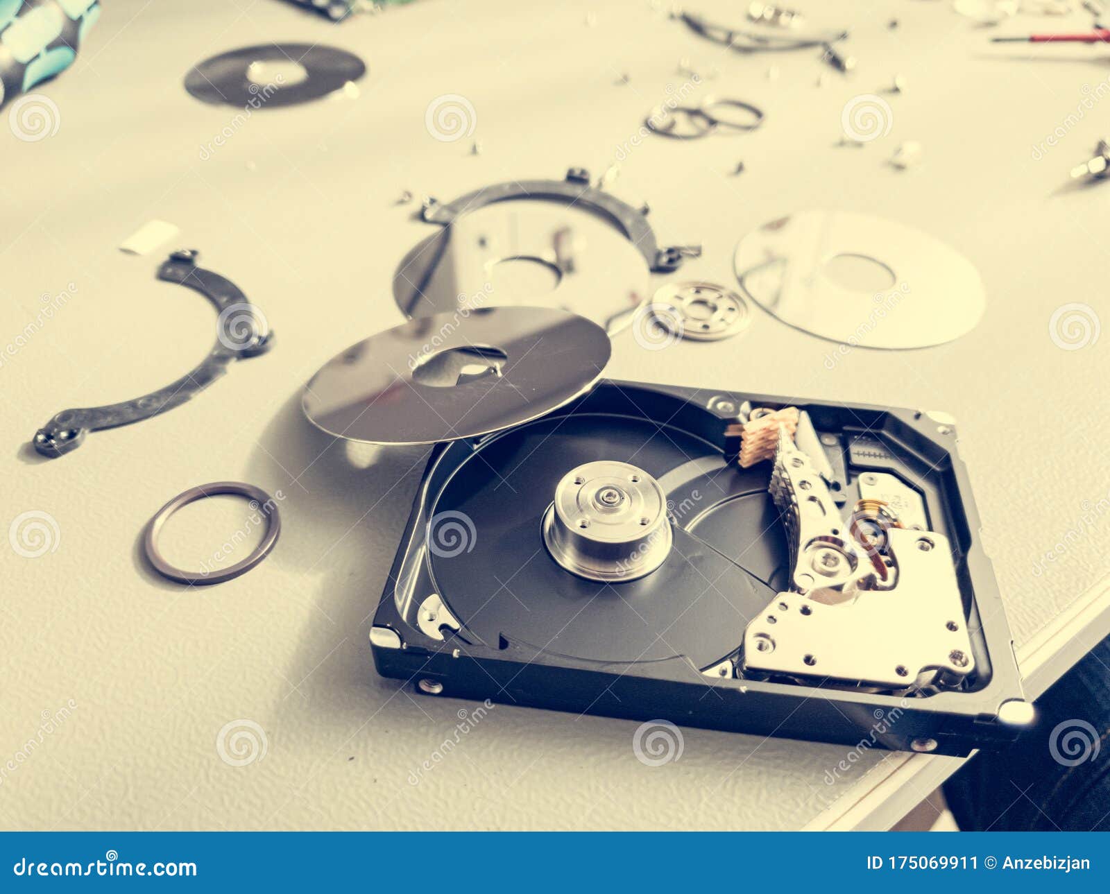Opened Computer Hard Drive on a Table Prepared To Be Fixed. Stock Image ...