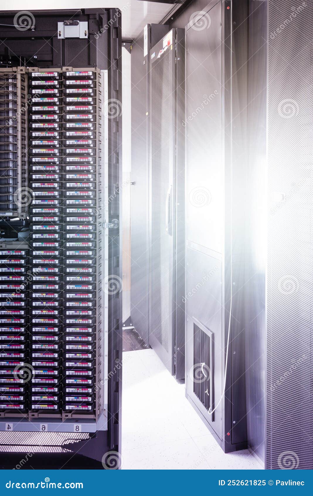 An Opened Door of Data Center Cabinet Filled with Data Storage Hardware ...
