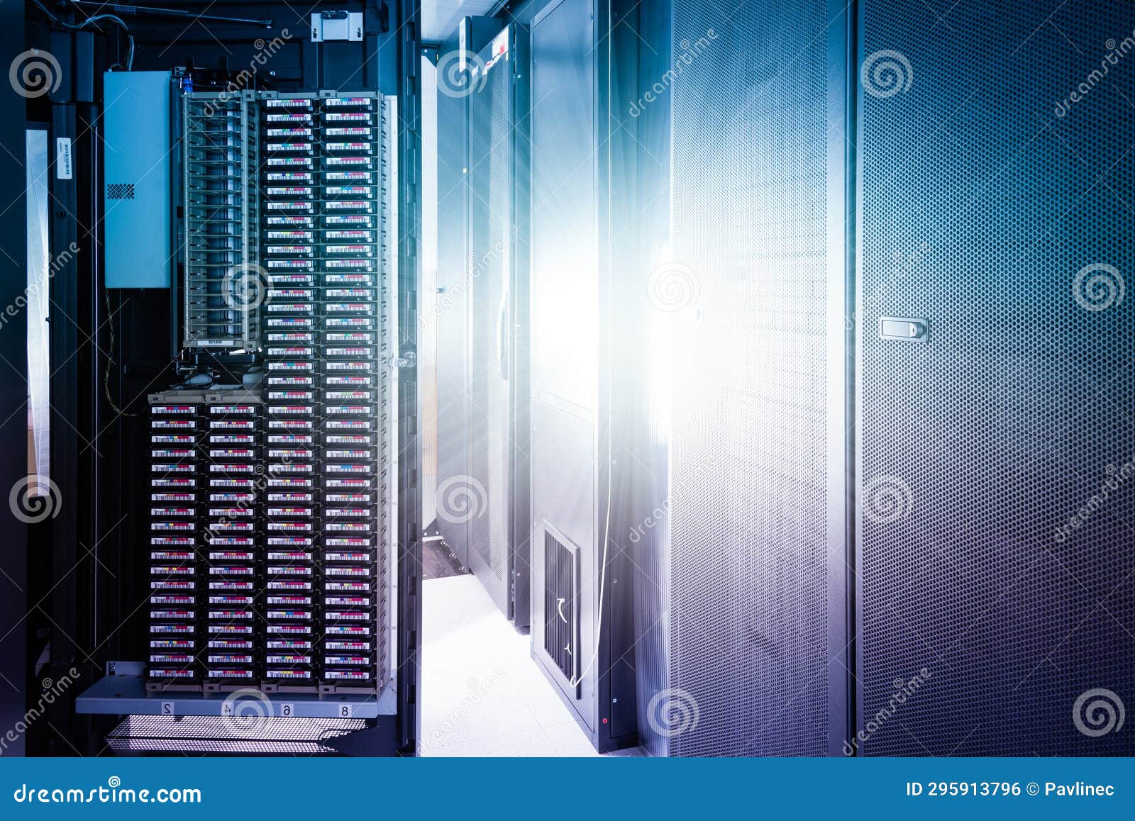 An Opened Door of Data Center Cabinet Filled with Data Storage Hw Stock ...