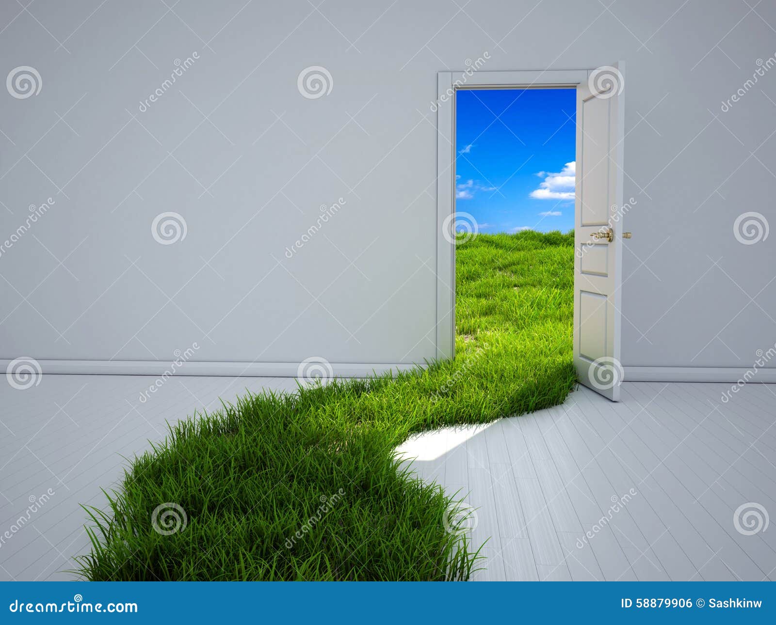 Opened door and grass path stock illustration. Illustration of leaving ...