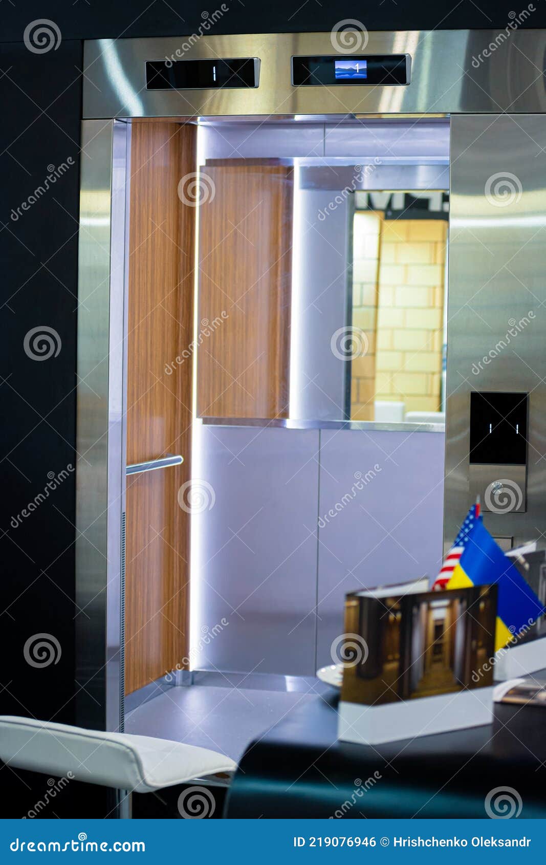 Opened Elevator Doors. Modern Elevator with a Mirror Inside Stock Photo ...