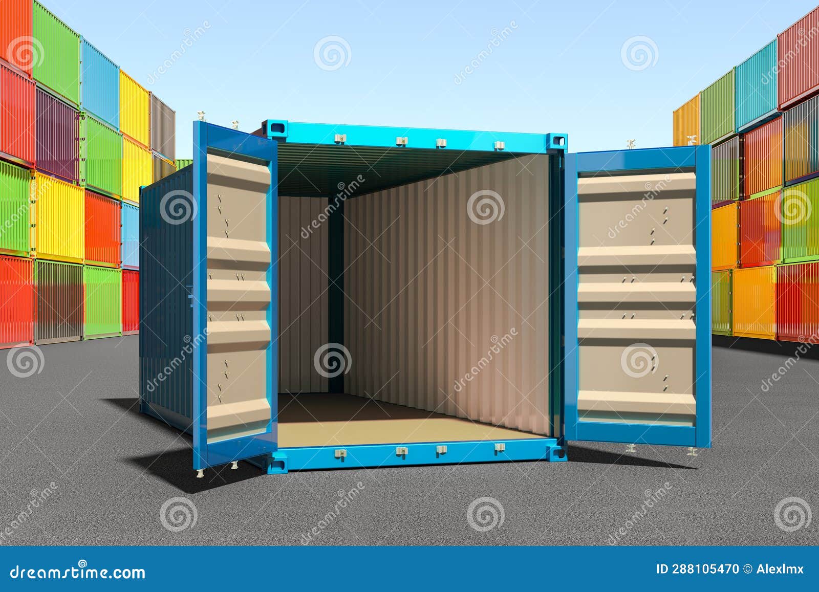 Opened Empty Cargo Container in Port Dock, 3D Rendering Stock ...