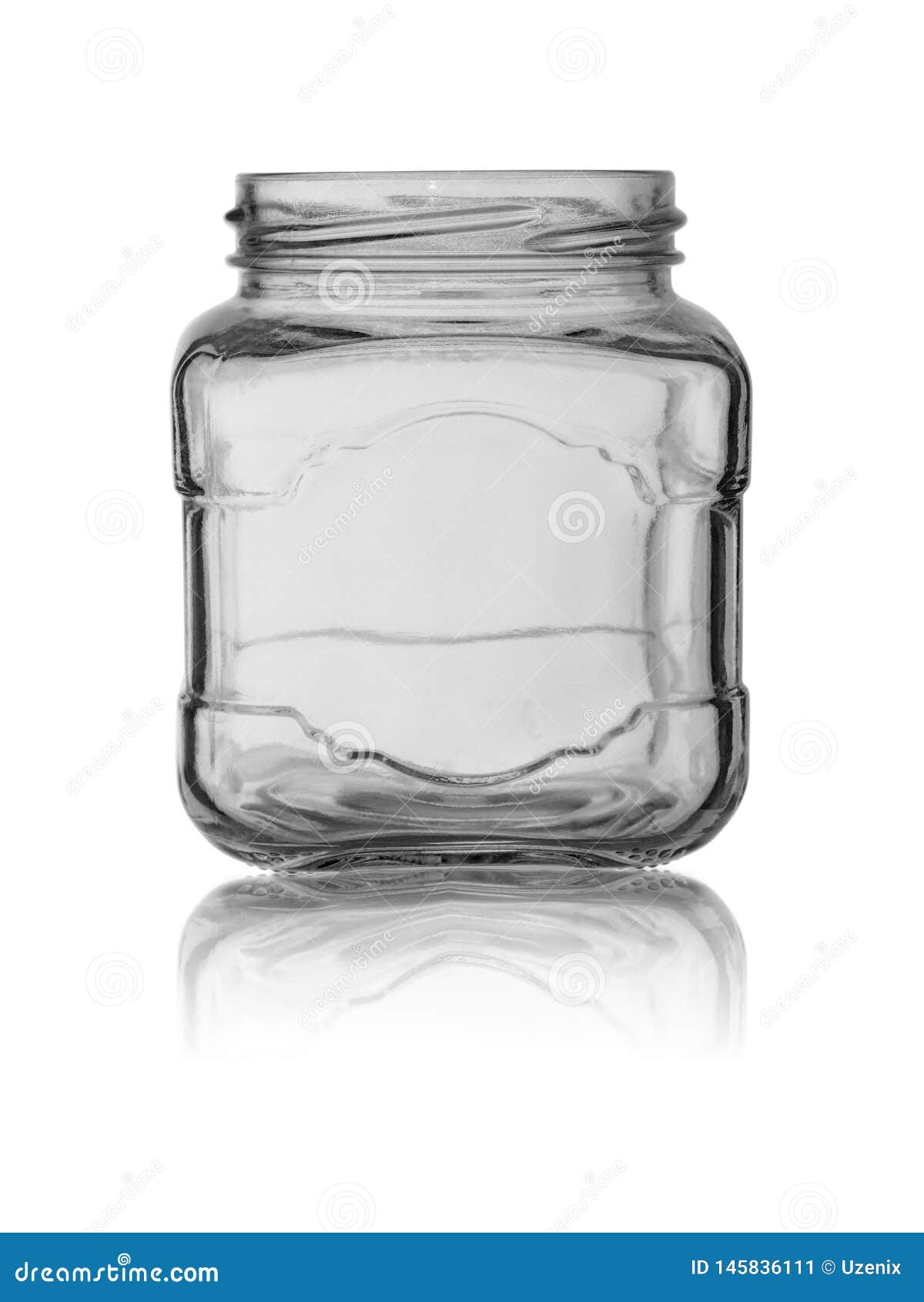 Opened Empty Glass Jar of Irregular Shape with Reflection Isolated on a ...