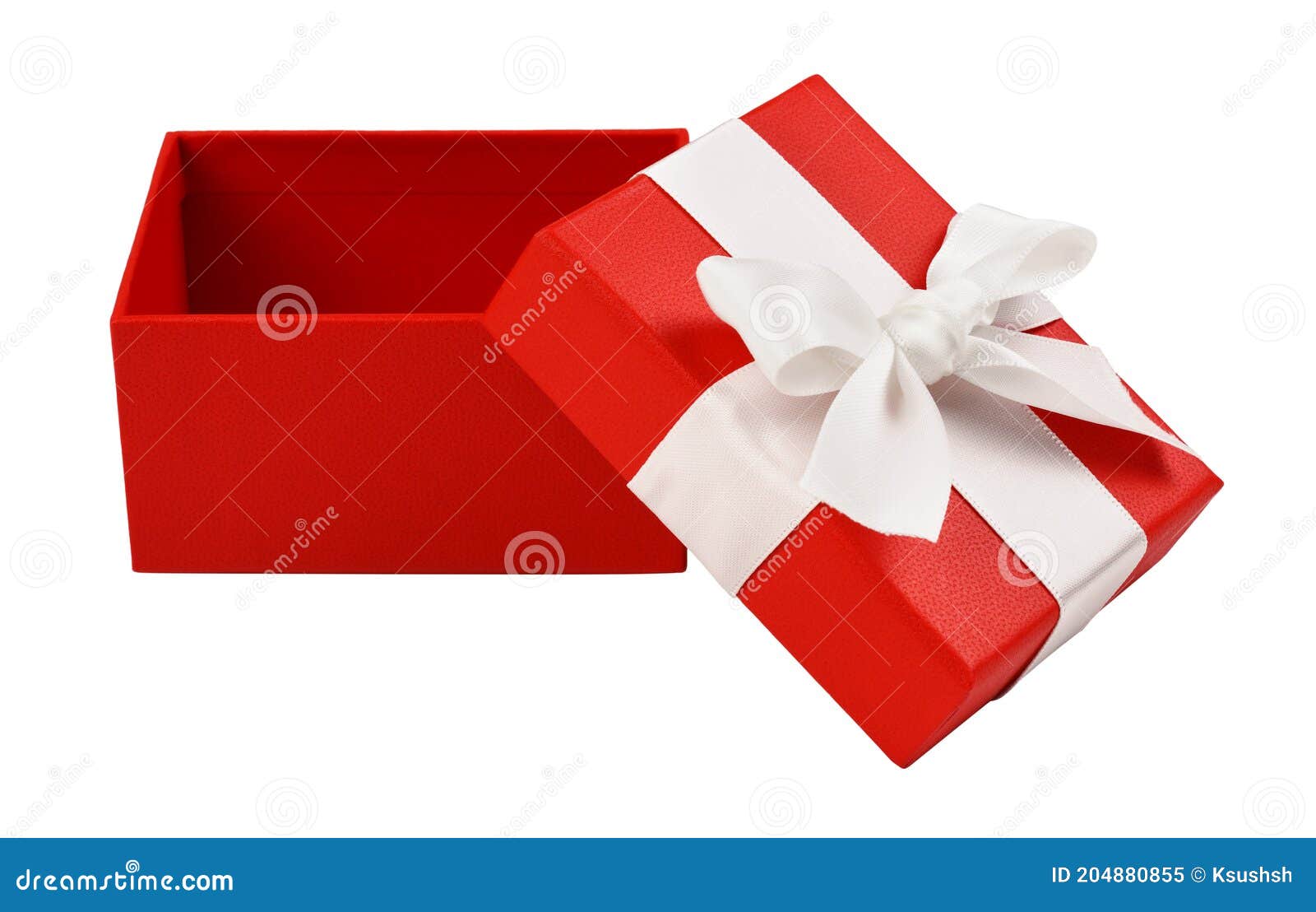 Opened Empty Red Gift Box with White Satin Bow Isolated on White Stock ...