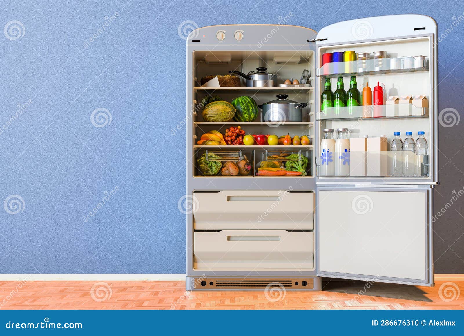 Opened Fridge with Food in Interior, 3D Rendering Stock Illustration ...