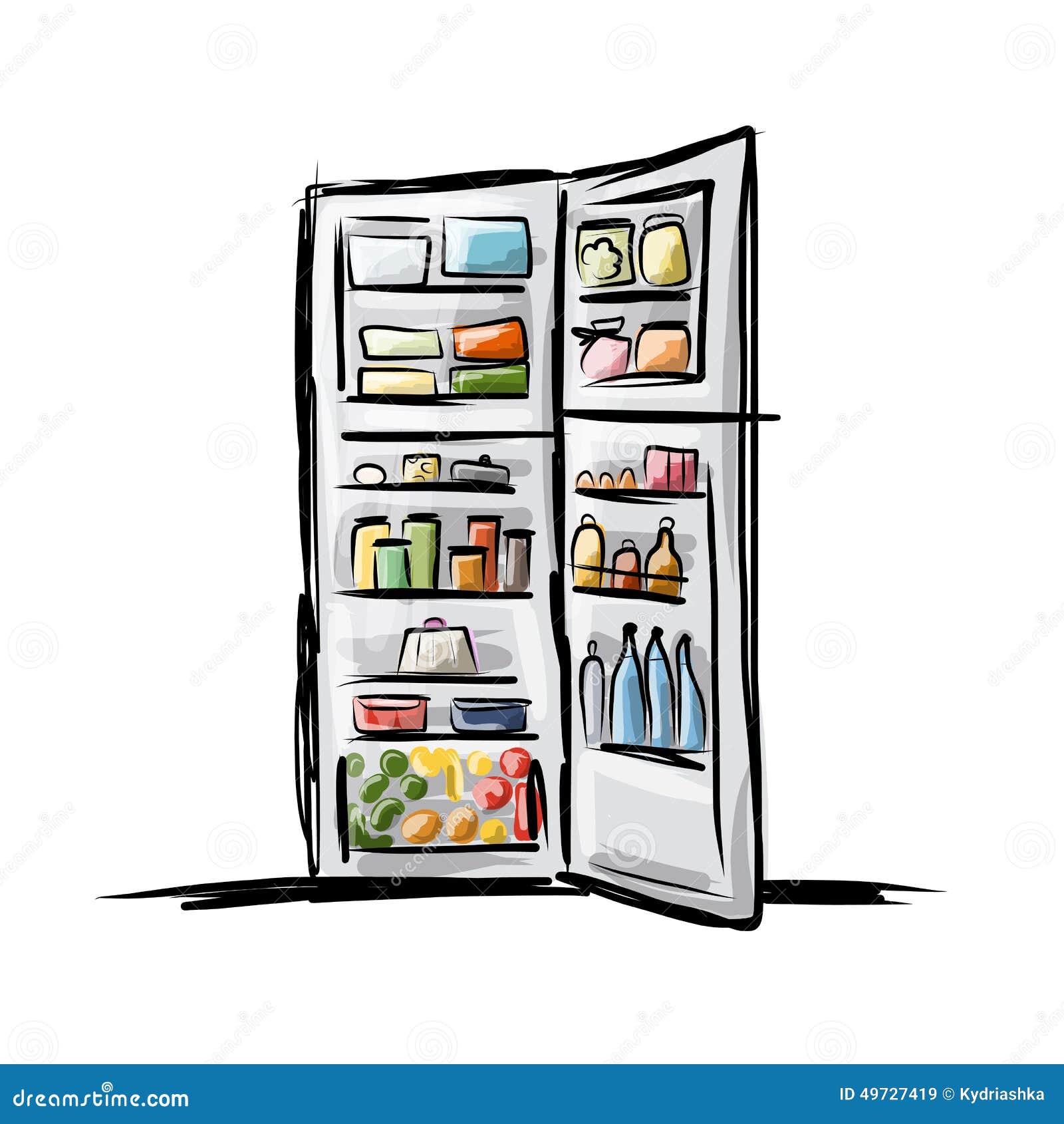 Opened Fridge Full of Food, Sketch for Your Design Stock Vector ...