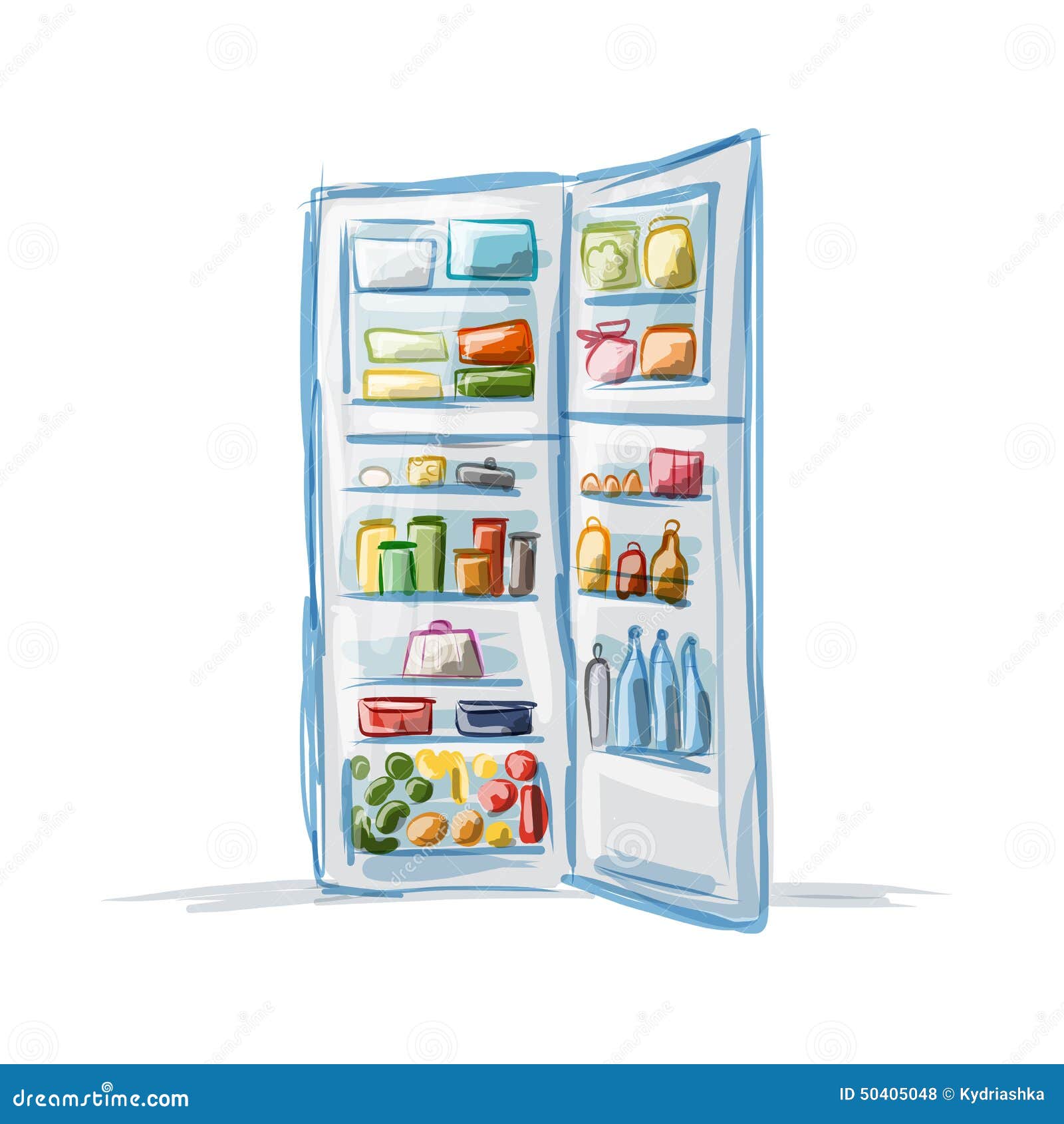 Opened Fridge Full of Food, Sketch for Your Design Stock Vector ...