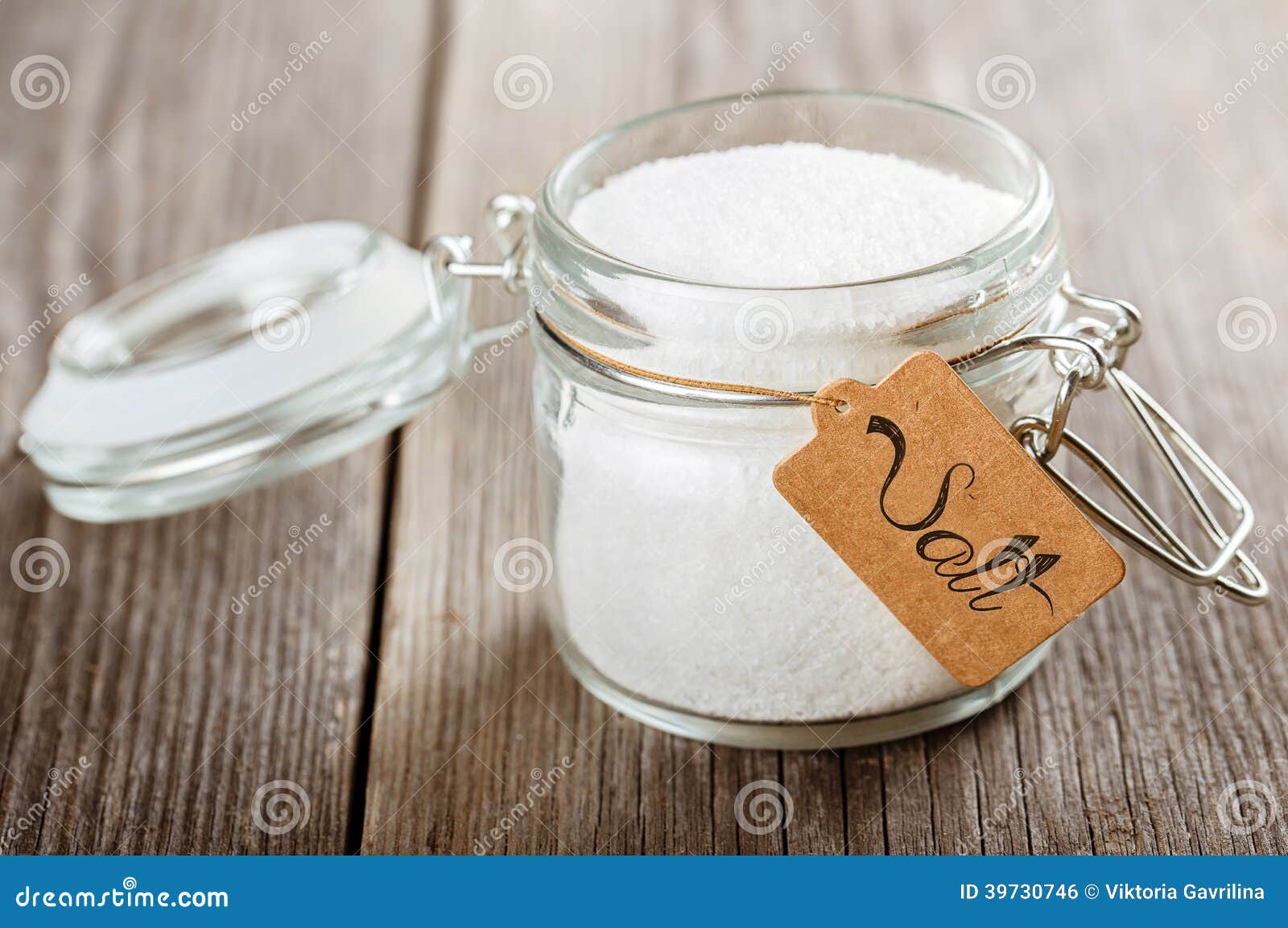 Opened Glass Jar with Salt. Stock Photo - Image of container, utensils ...