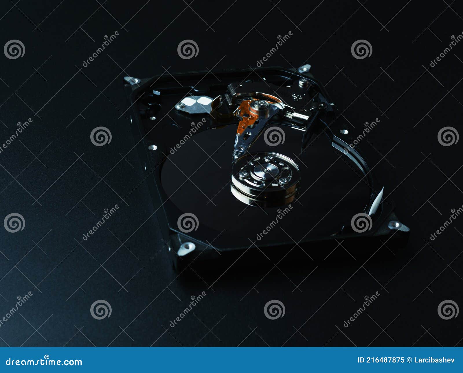 Opened Hard Drive Disk on Dark Background. Stock Image - Image of ...