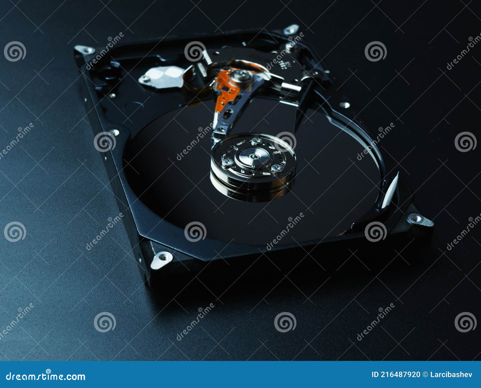 Opened Hard Drive Disk on Dark Background. Stock Photo - Image of ...