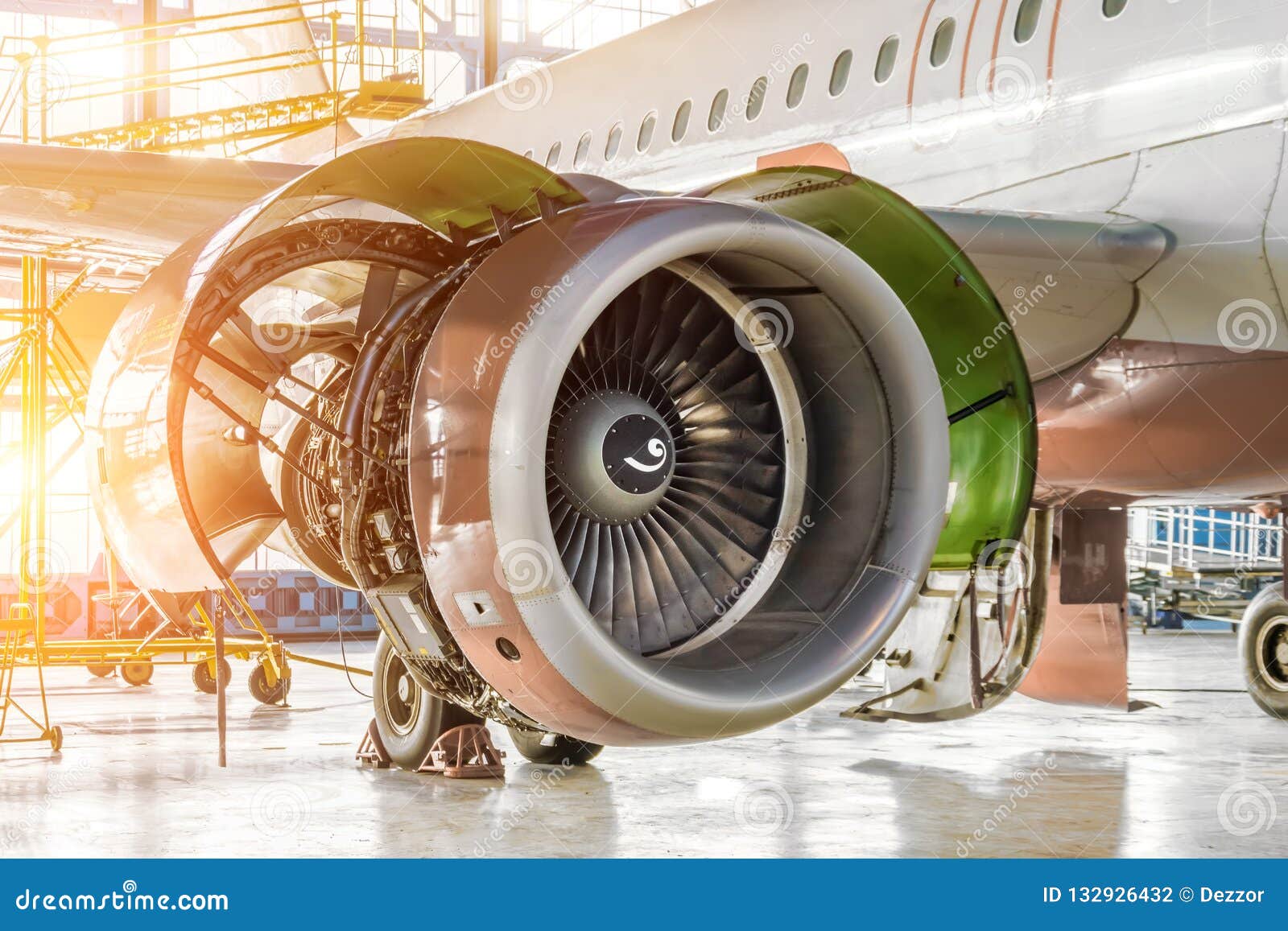 Opened Hood Aircraft Engine Jet Under Maintenance in the Hangar Stock ...