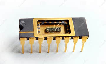 Opened IC with Chip Inside on the White Background Stock Image - Image ...