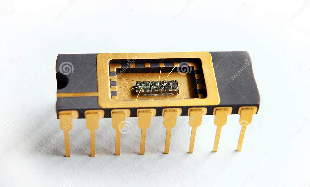 Opened IC with Chip Inside on the White Background Stock Image - Image ...