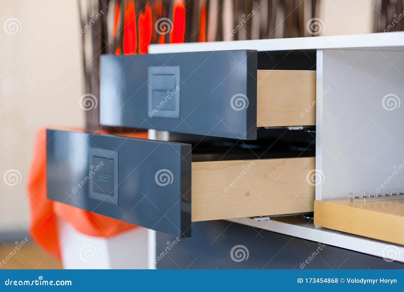Opened Kitchen Drawer with Cutlery Tray. Two Drawers are Hide Behind ...