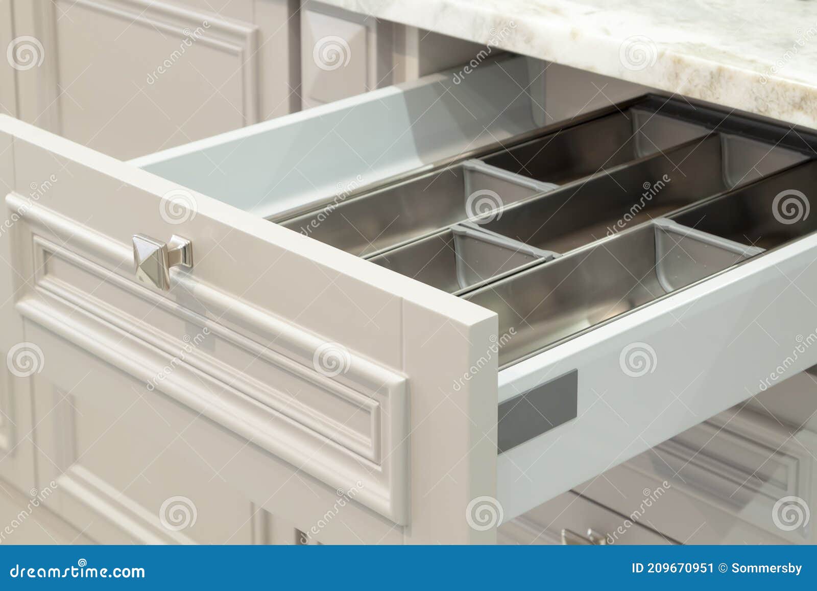 Opened Kitchen Drawer with Empty Tray for Cutlery in Modern Kitchen ...
