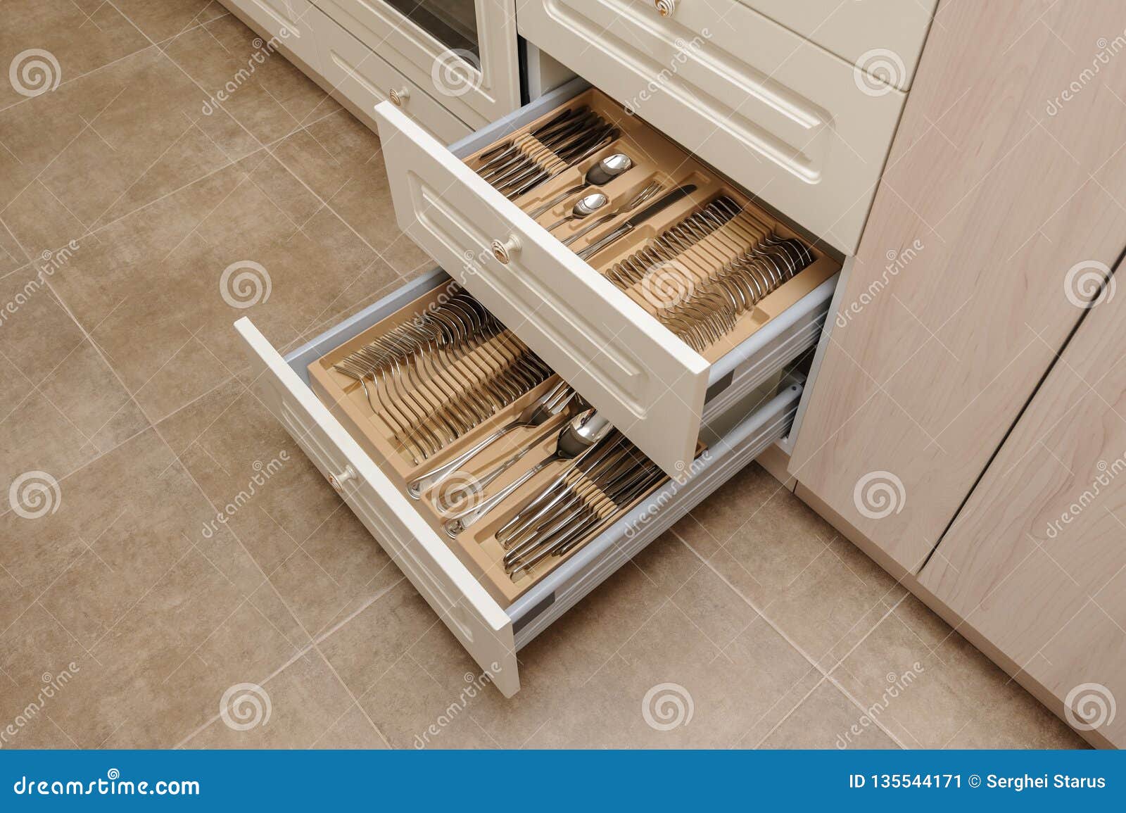 Opened Kitchen Drawers with Silverware Stock Image - Image of silver ...