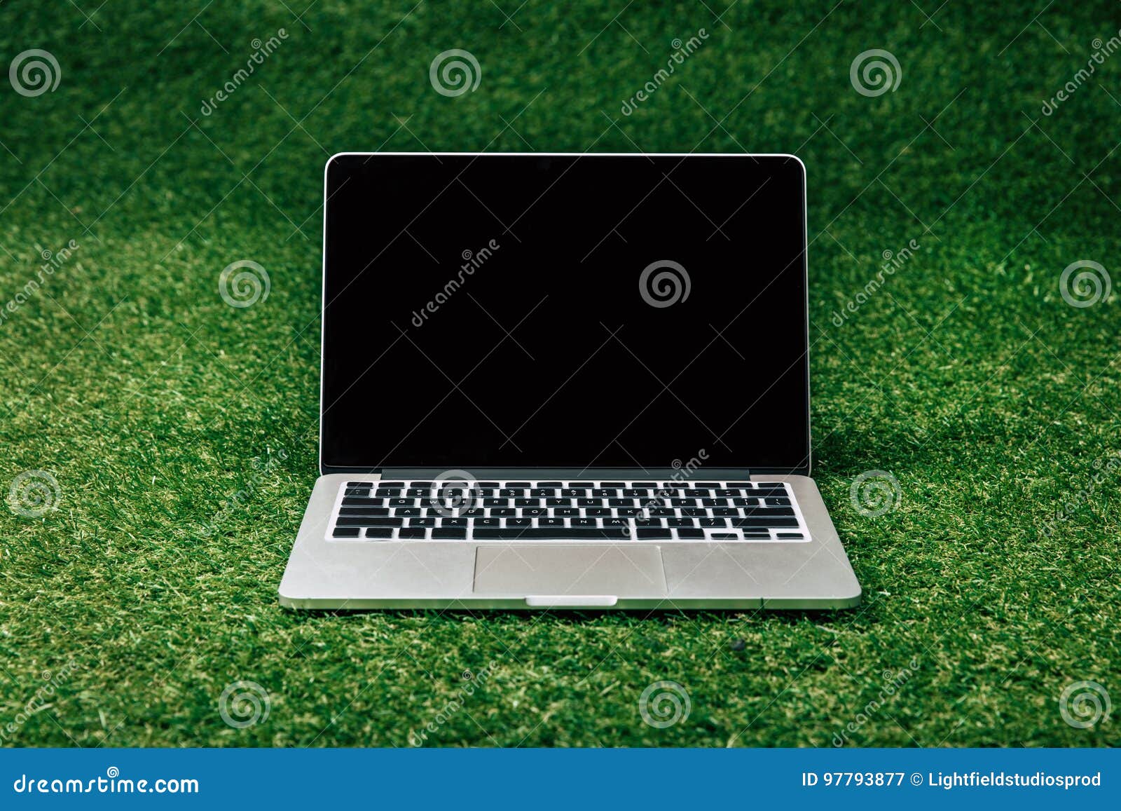 Opened Laptop with Blank Screen on Green Grass Stock Image - Image of ...