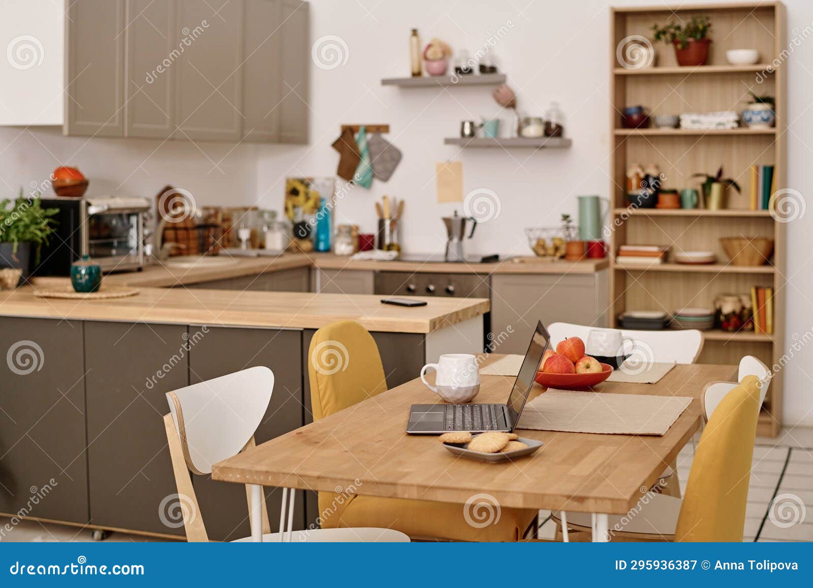 Opened Laptop on Kitchen Table Stock Image - Image of internet, style ...