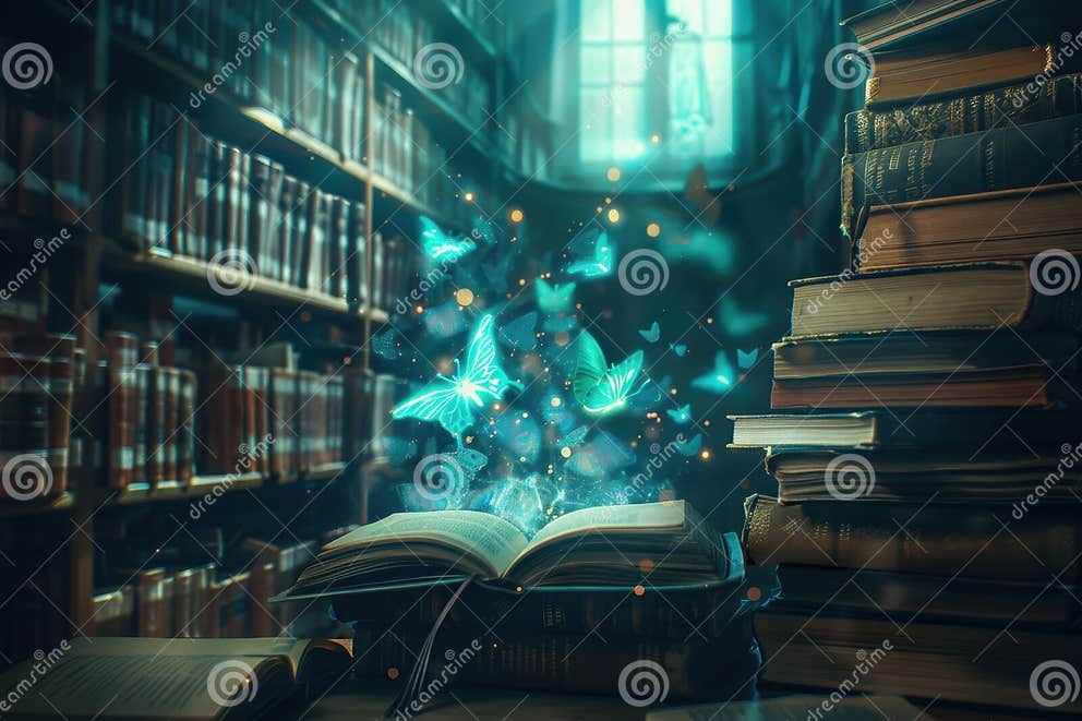 Opened Magic Book with Butterflies Flying Out of it. Stack of Books ...