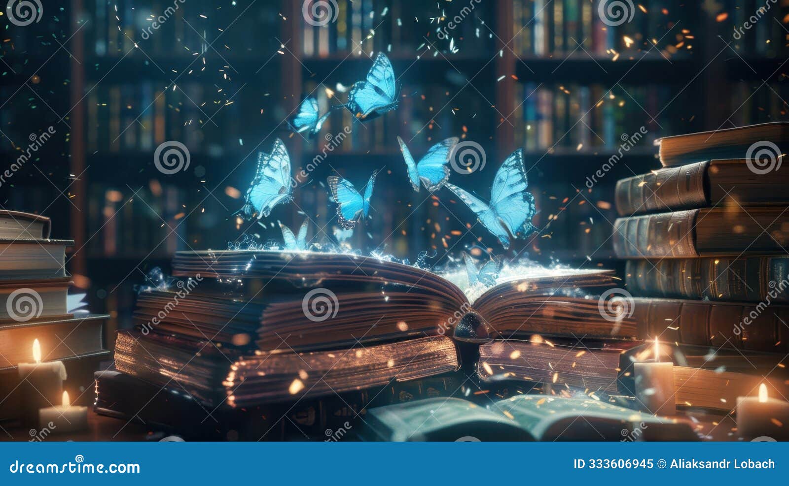 Opened Magic Book with Butterflies Flying Out of it. Stack of Books ...