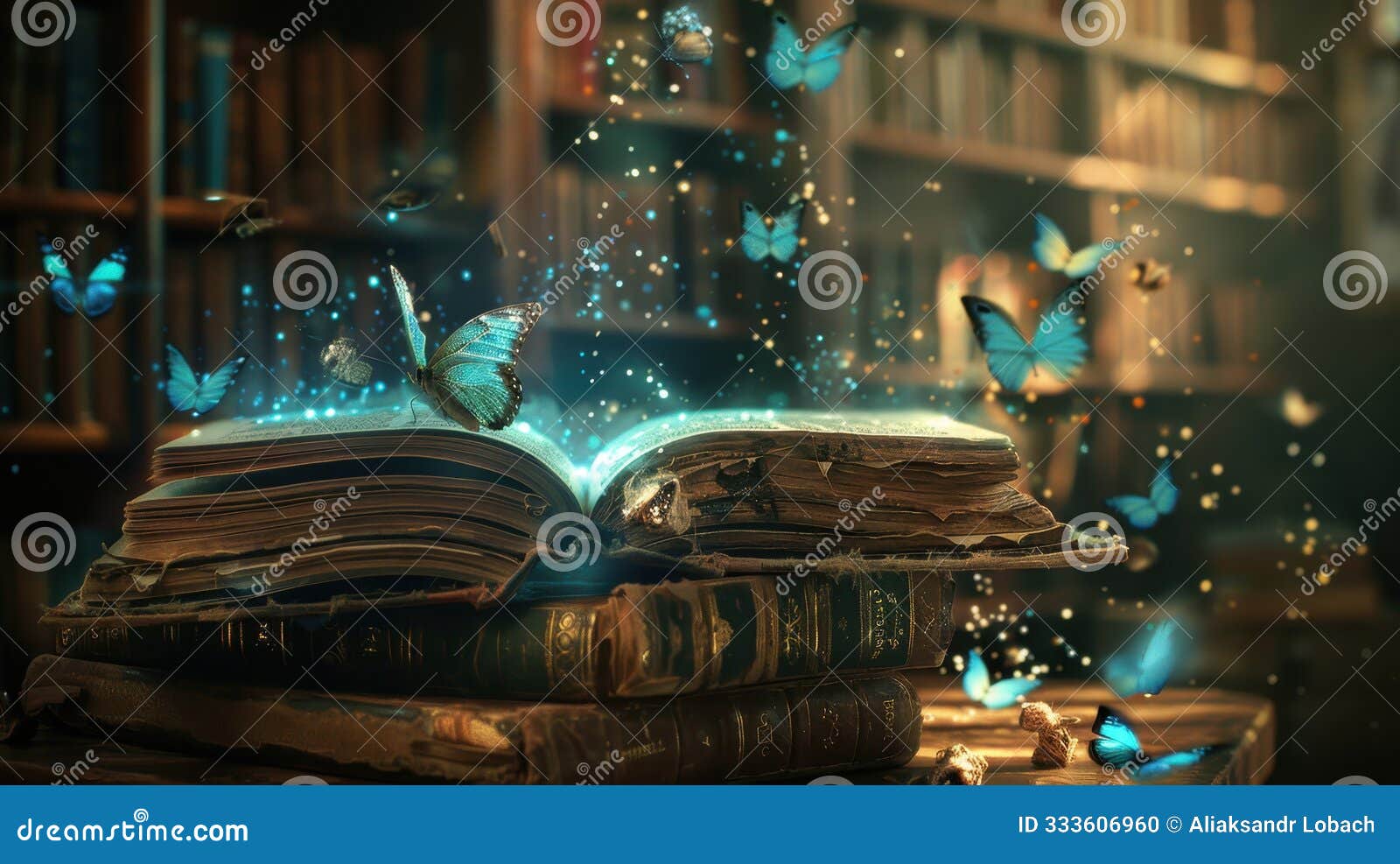 Opened Magic Book with Butterflies Flying Out of it. Stack of Books ...