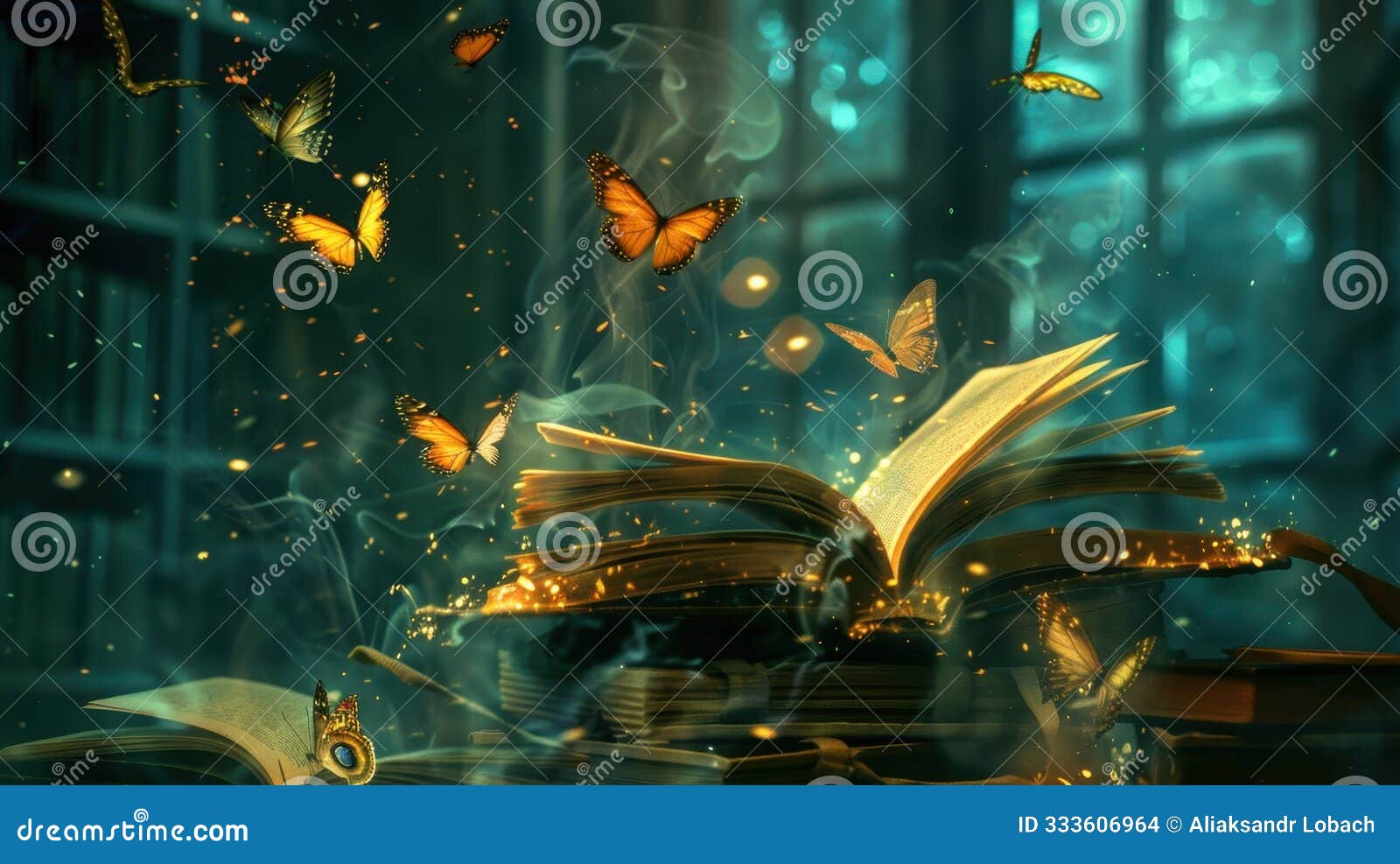 Opened Magic Book with Butterflies Flying Out of it. Stack of Books ...