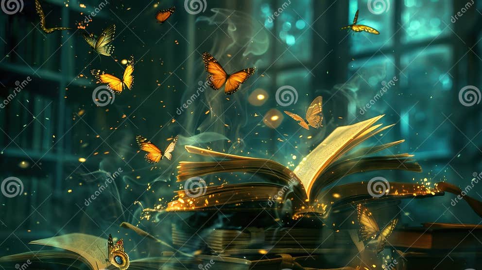 Opened Magic Book with Butterflies Flying Out of it. Stack of Books ...