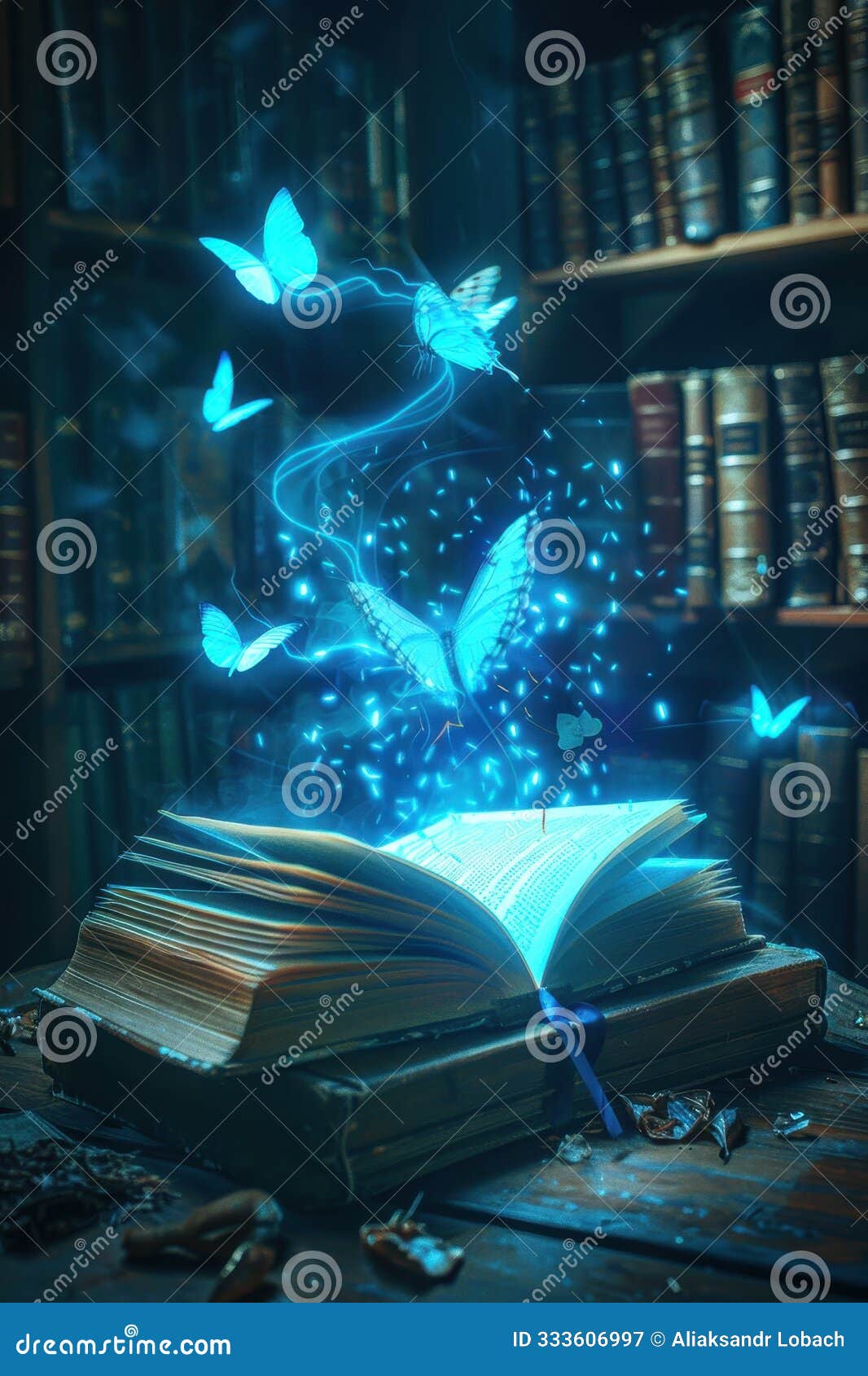 Opened Magic Book with Butterflies Flying Out of it. Stack of Books ...